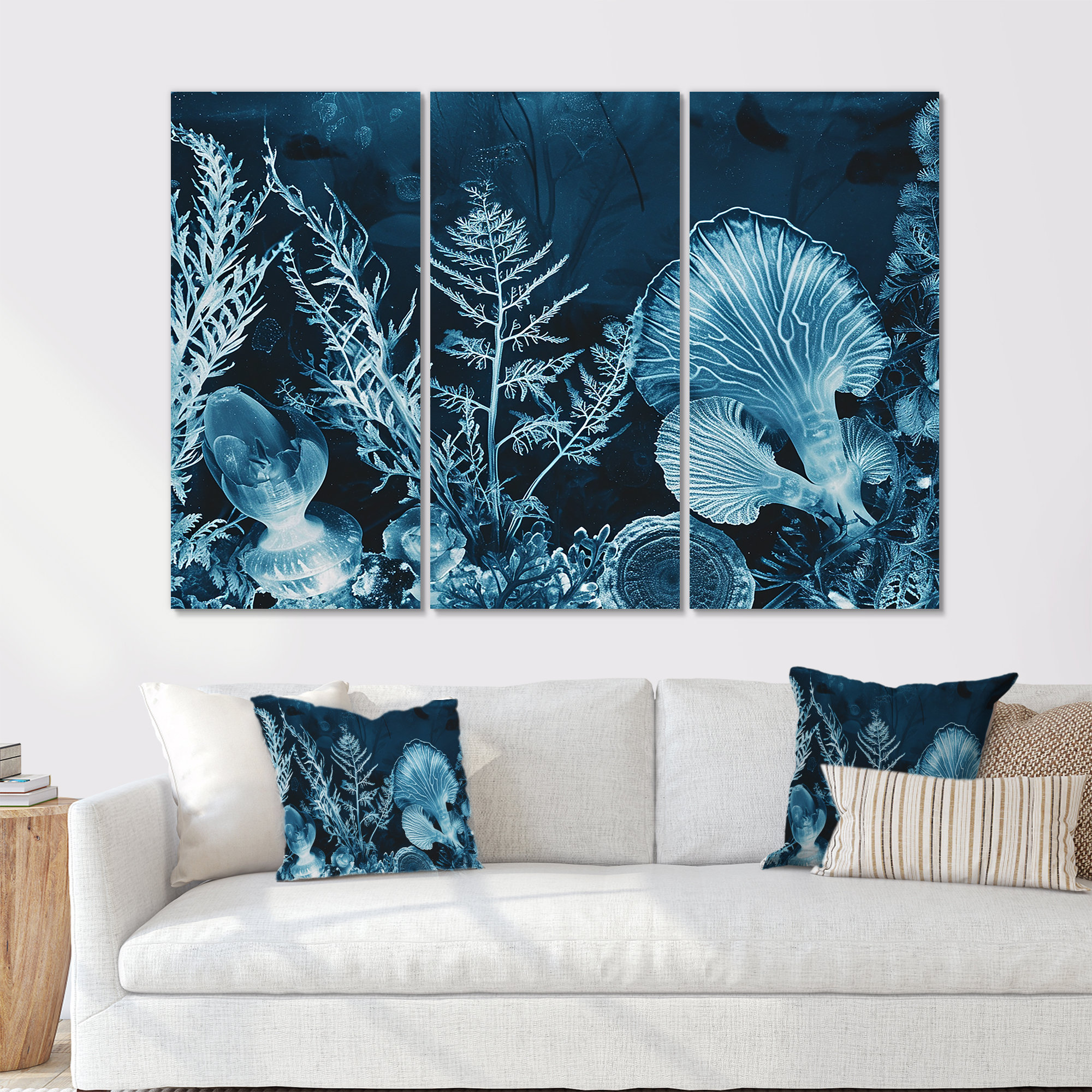 Design Art Vintage Cyan Blue Coral Deep Ocean Sea Life - Coastal Coral Under Water Wall Art Set ...
