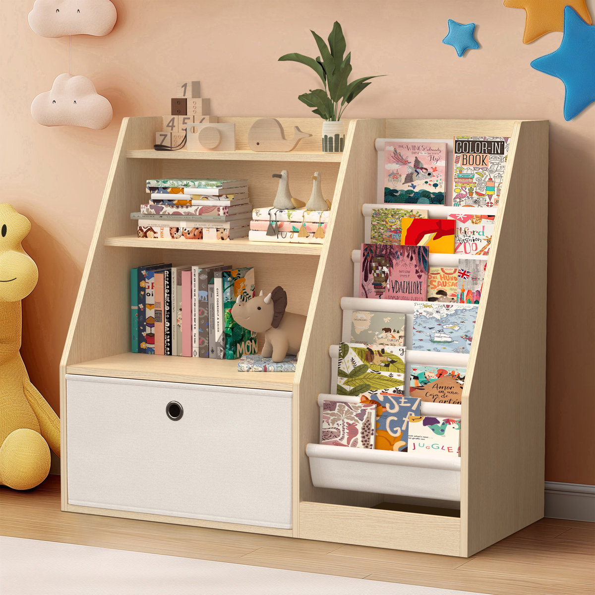 Latitude Run® 3 Tier Bookshelf, Natural Bookshelves with 4 Layer Sling ...