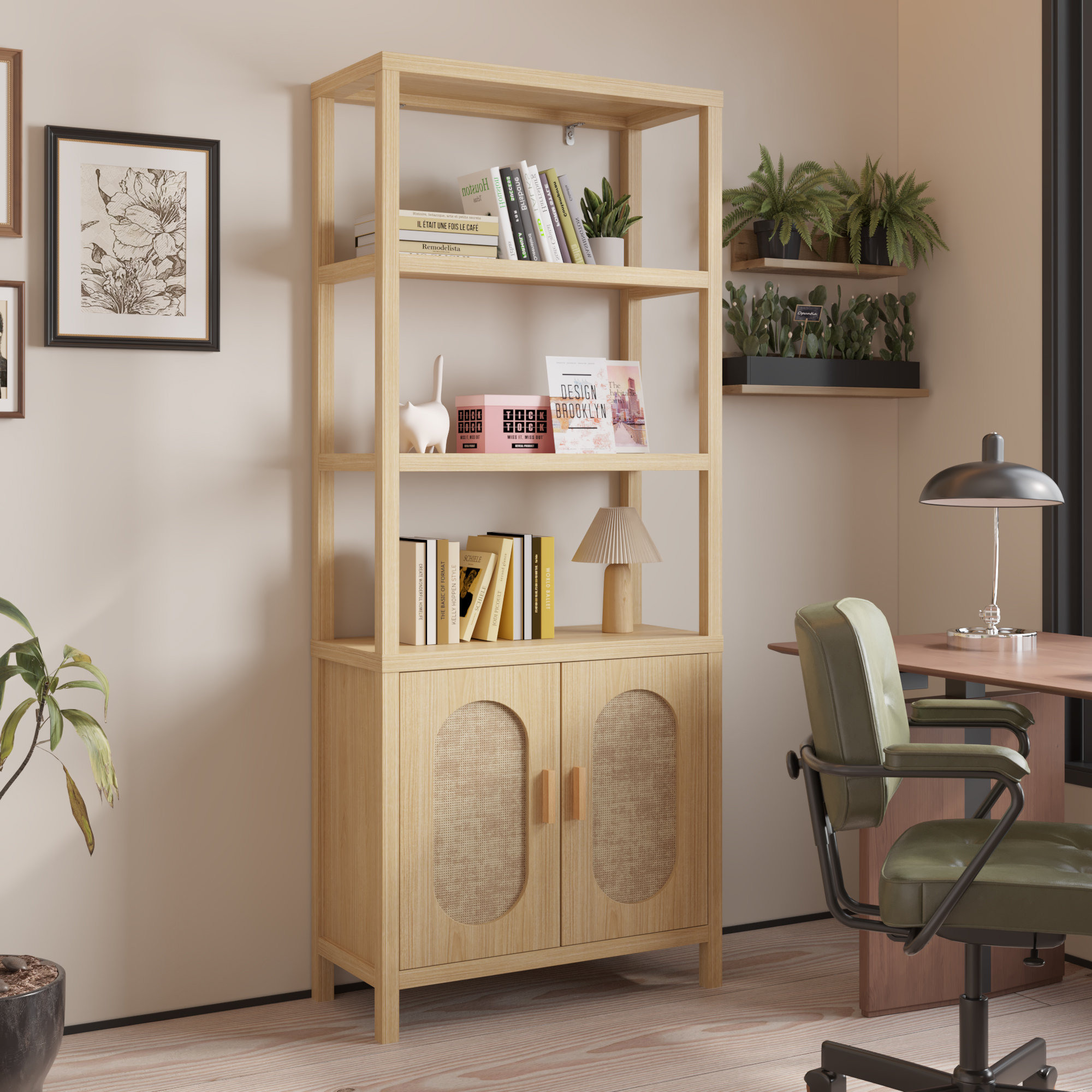 Ebern Designs Tan Rattan Display Cabinet Ghore With 4-Layer 2-Door 70 ...