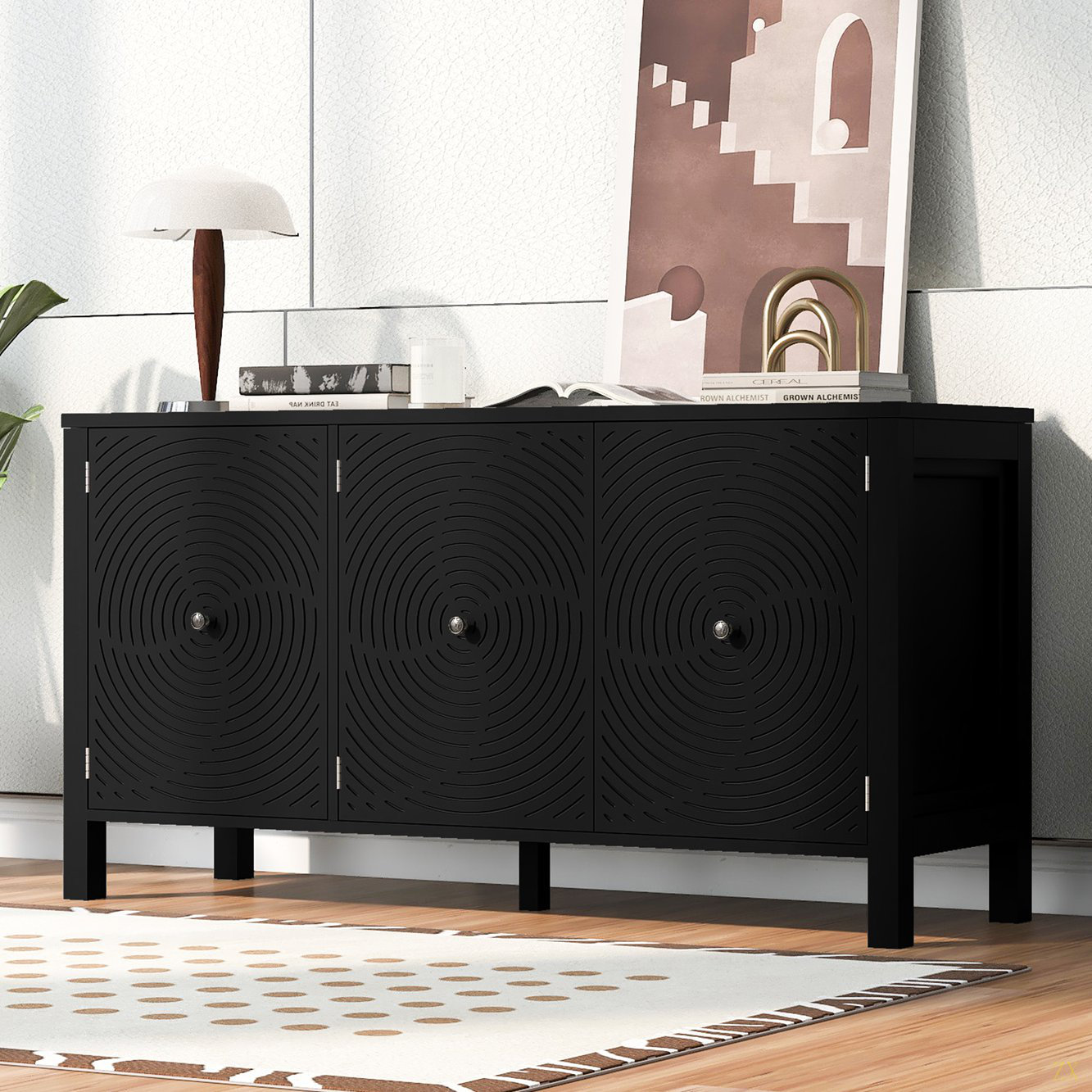 Ebern Designs Sideboard With Curved Swirl Patterned Doors And Artistic Three-Door Design ...