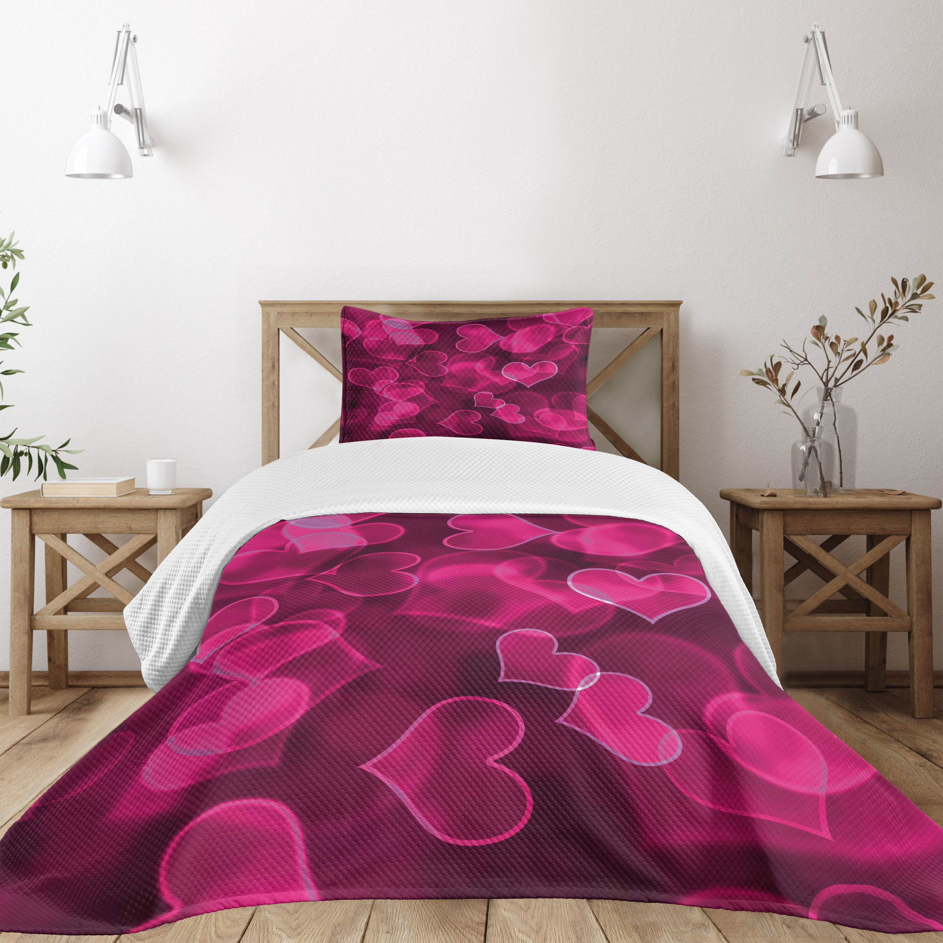 Ambesonne Hot Pink Bedspread Set Hearts Blurry Magenta Hot Pink | Wayfair