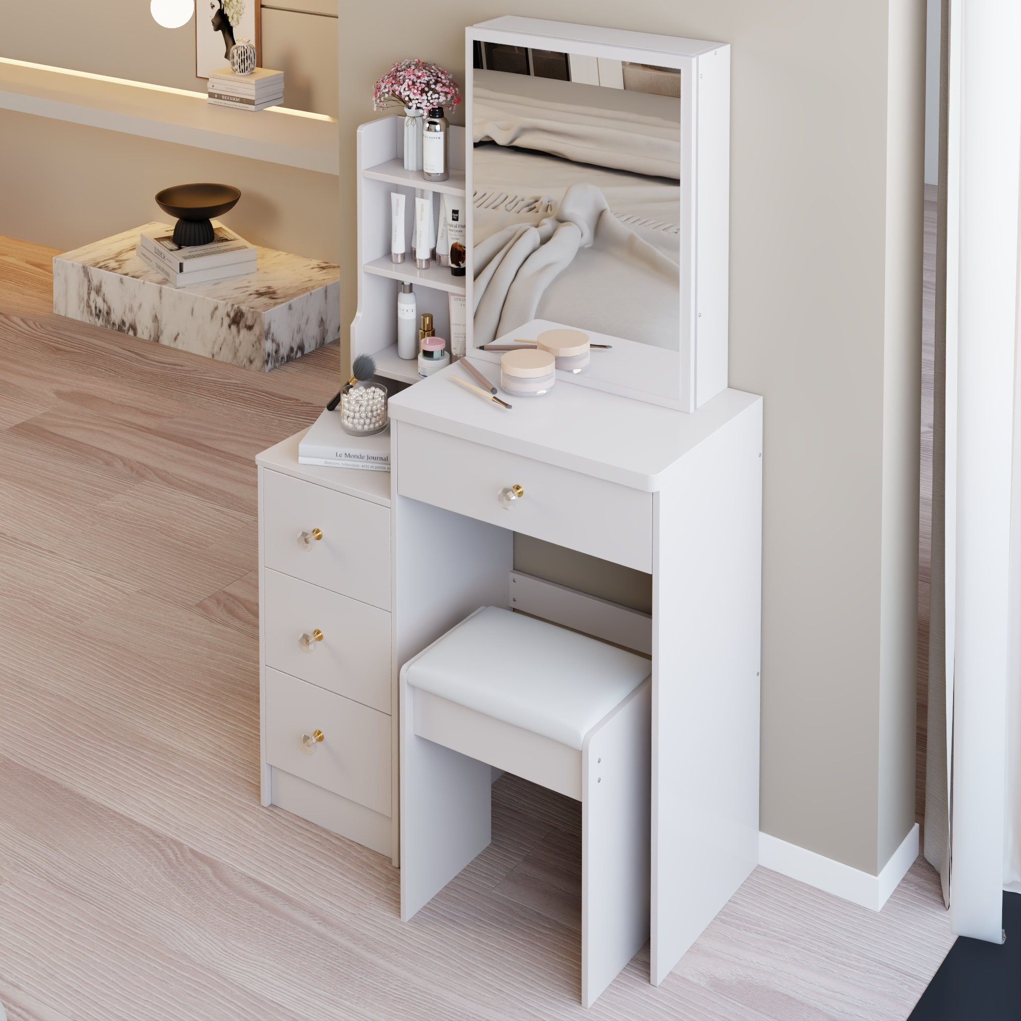 George Oliver Compact White Mdf Vanity Table With Cushioned Stool ...