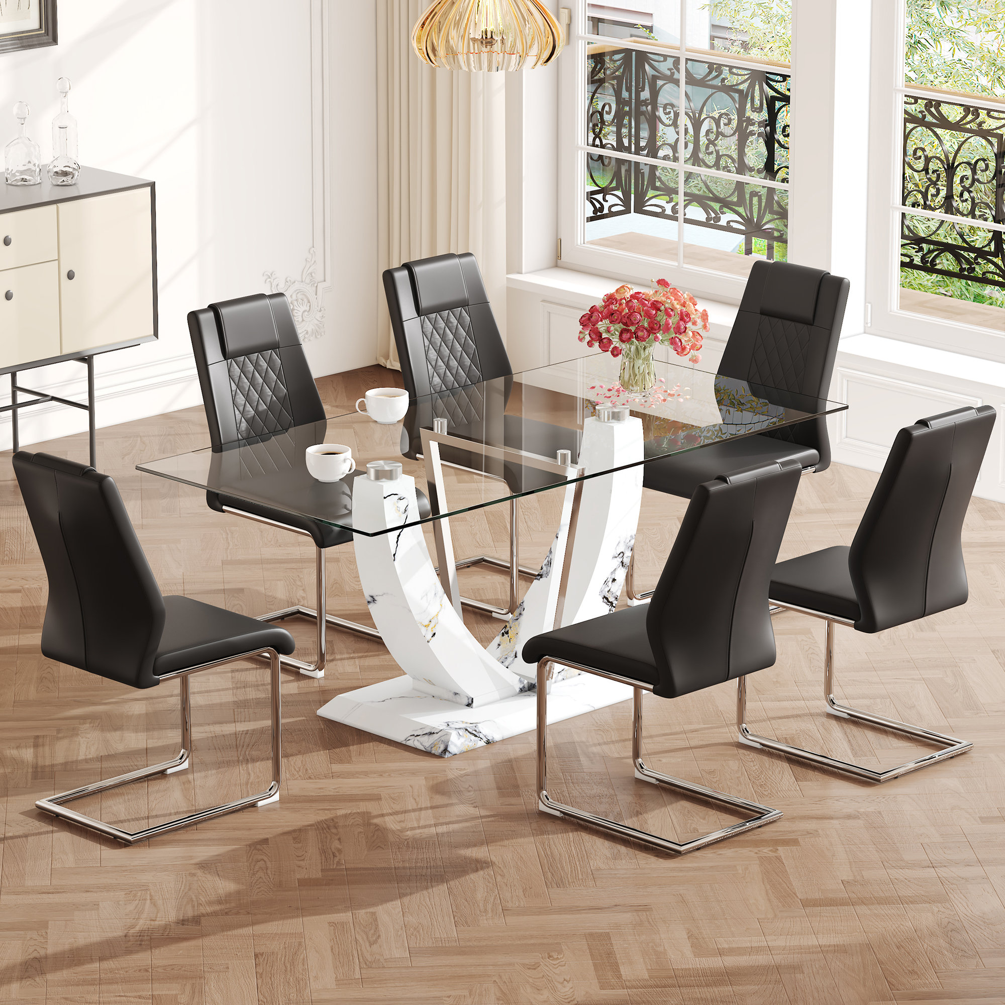 YOPENG Large Modern Rectangular Glass Table And Chair Set: Accommodates ...