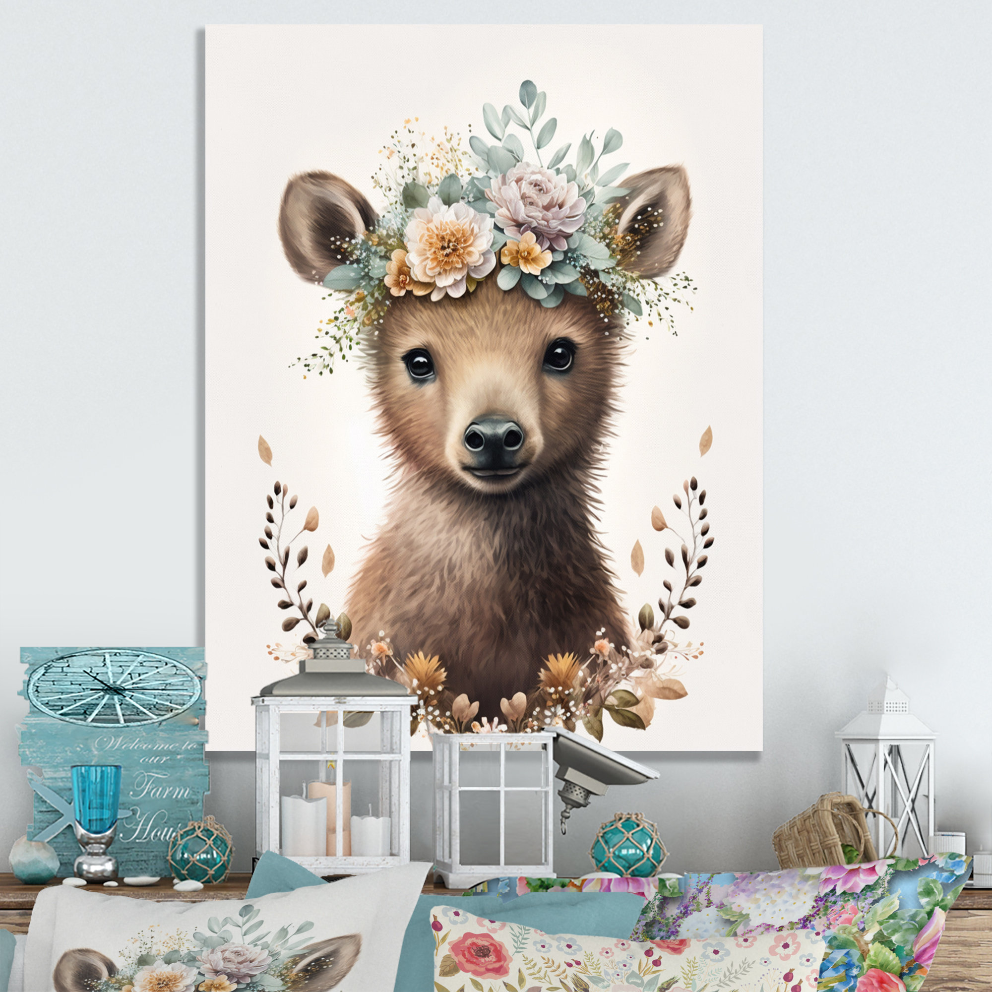 Indigo Safari Cute Baby Bear With Floral Crown I - Animals Canvas Wall ...