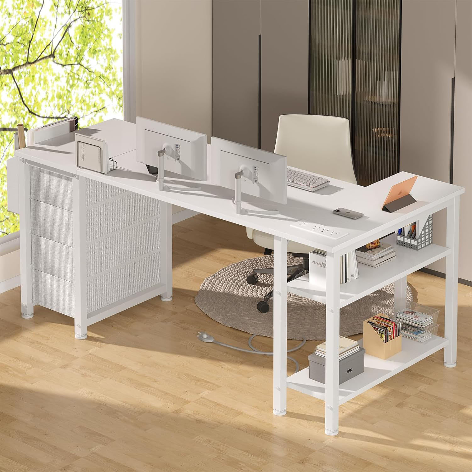 Ebern Designs White L Shaped Desk With Drawers & Storage Shelves, 55 ...
