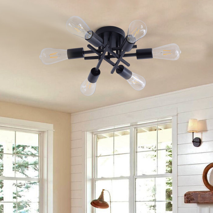 Orren Ellis Zamiah 6-Light Industrial Black Finish Dimmable Semi-Flush ...