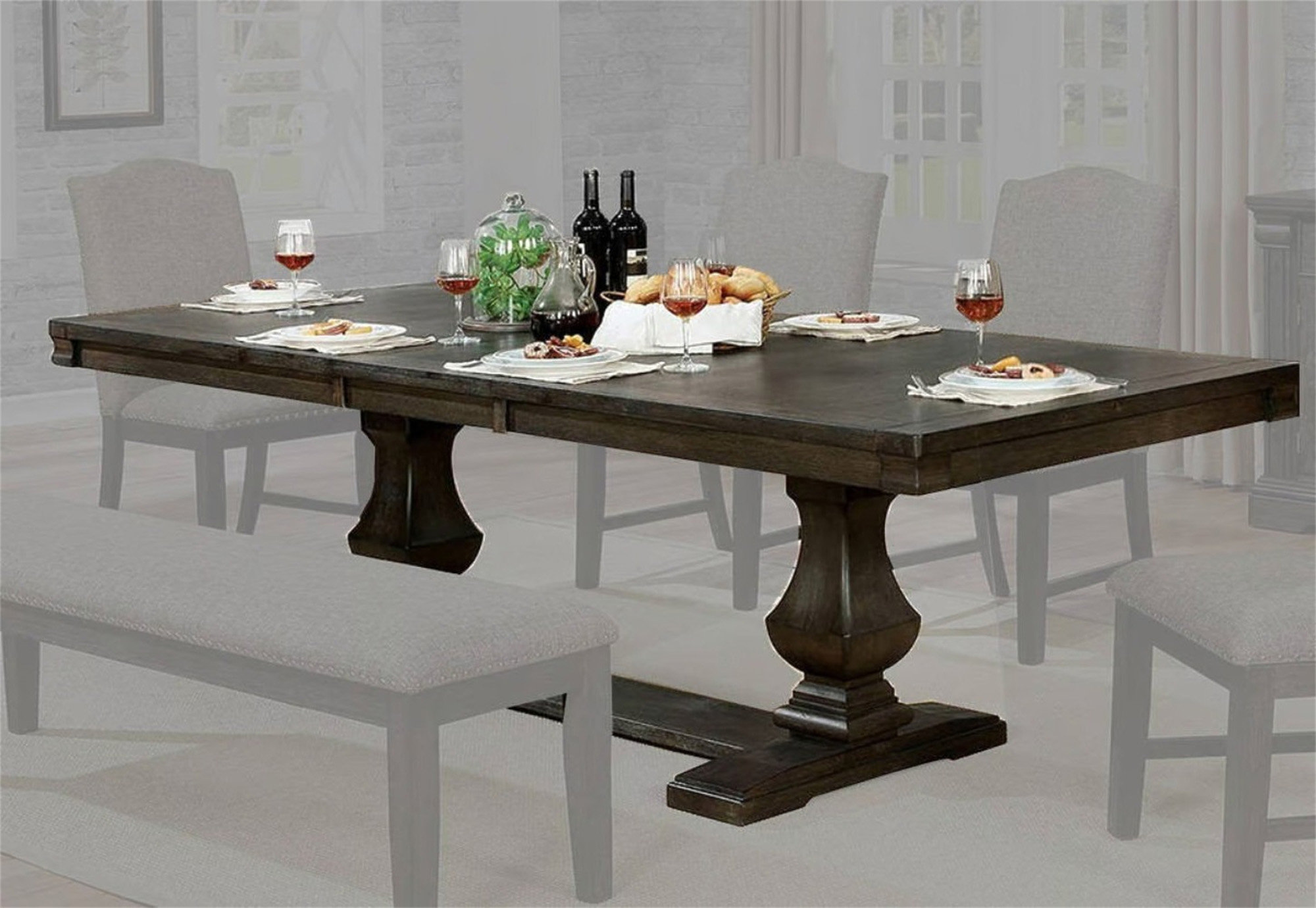 Everly Quinn Dining Room 1Pc Dining Table Dual Pedestal Trestle Base ...