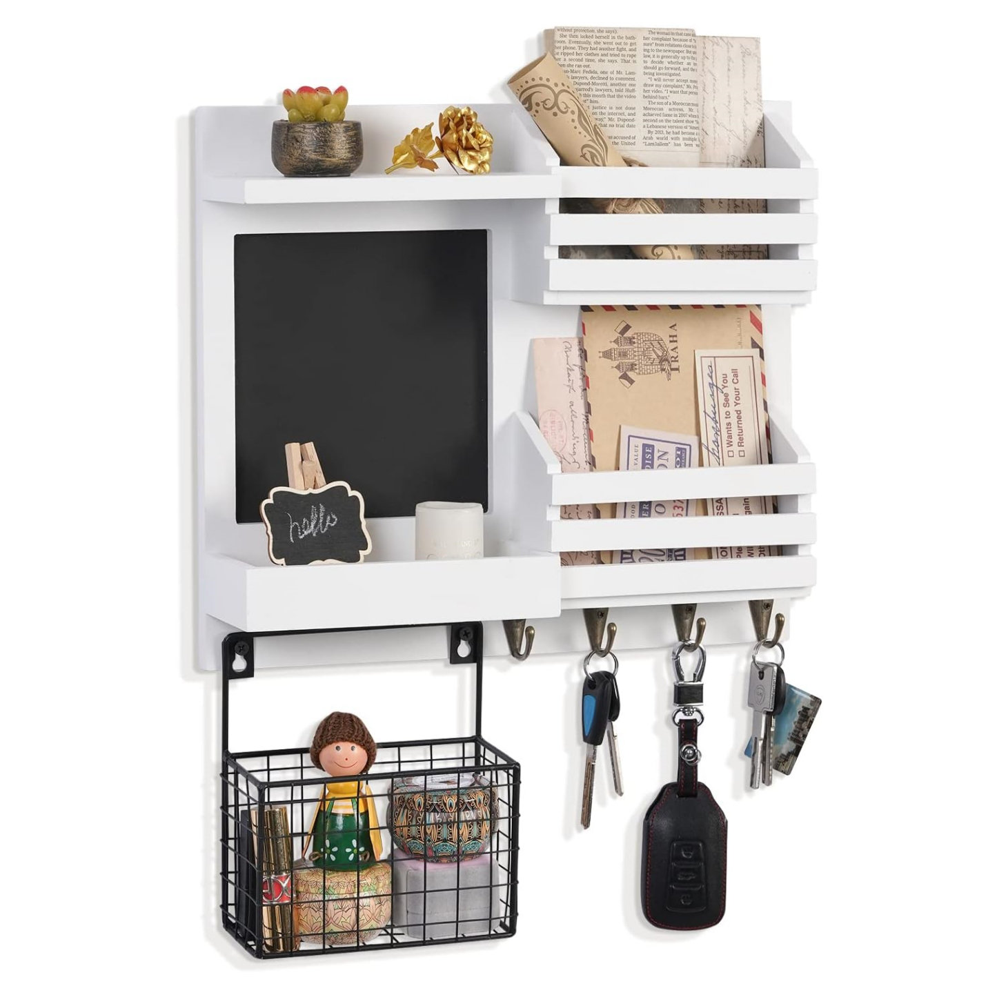 RE FEEL Wall Mail Organizer With Key Holder, 4 Metal Hooks & 2 Mail ...