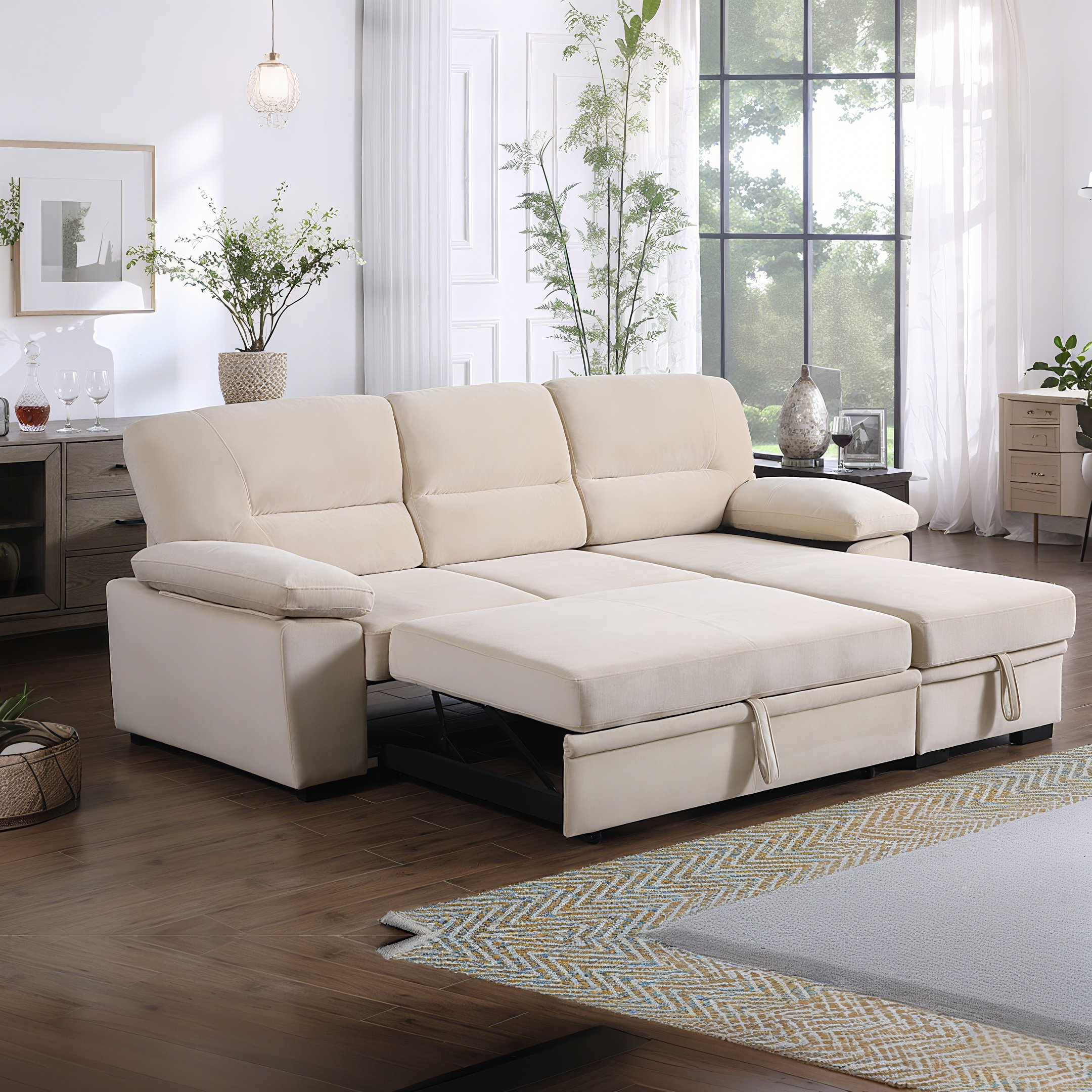 Mercer41 97.5" Velvet Fabric Reversible Sleeper Sectional Sofa Chaise ...