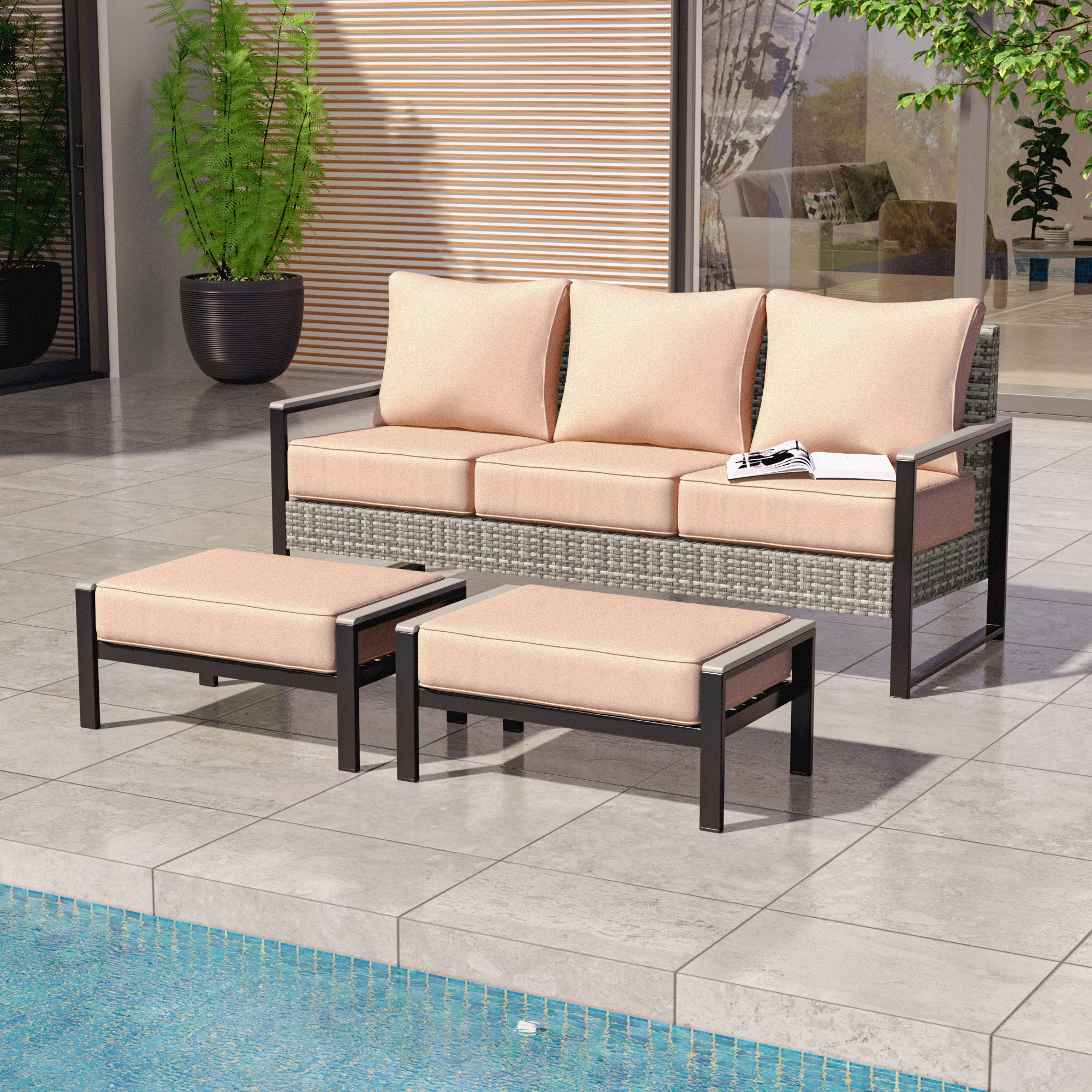 Ebern Designs Ravsten 3 Piece Patio Sofa Set with Ottomans - Wayfair Canada