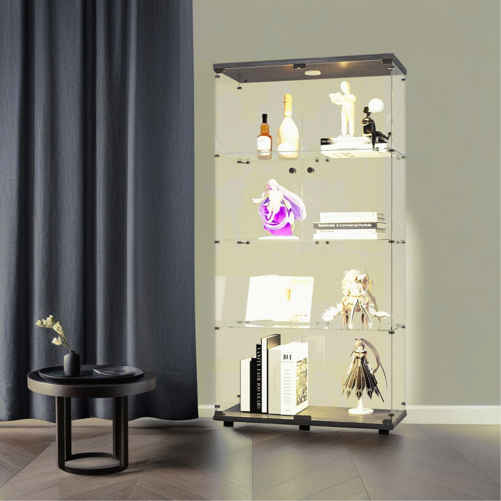 Brayden Studio® Lighted Two Door Glass Cabinet Glass Display Cabinet ...
