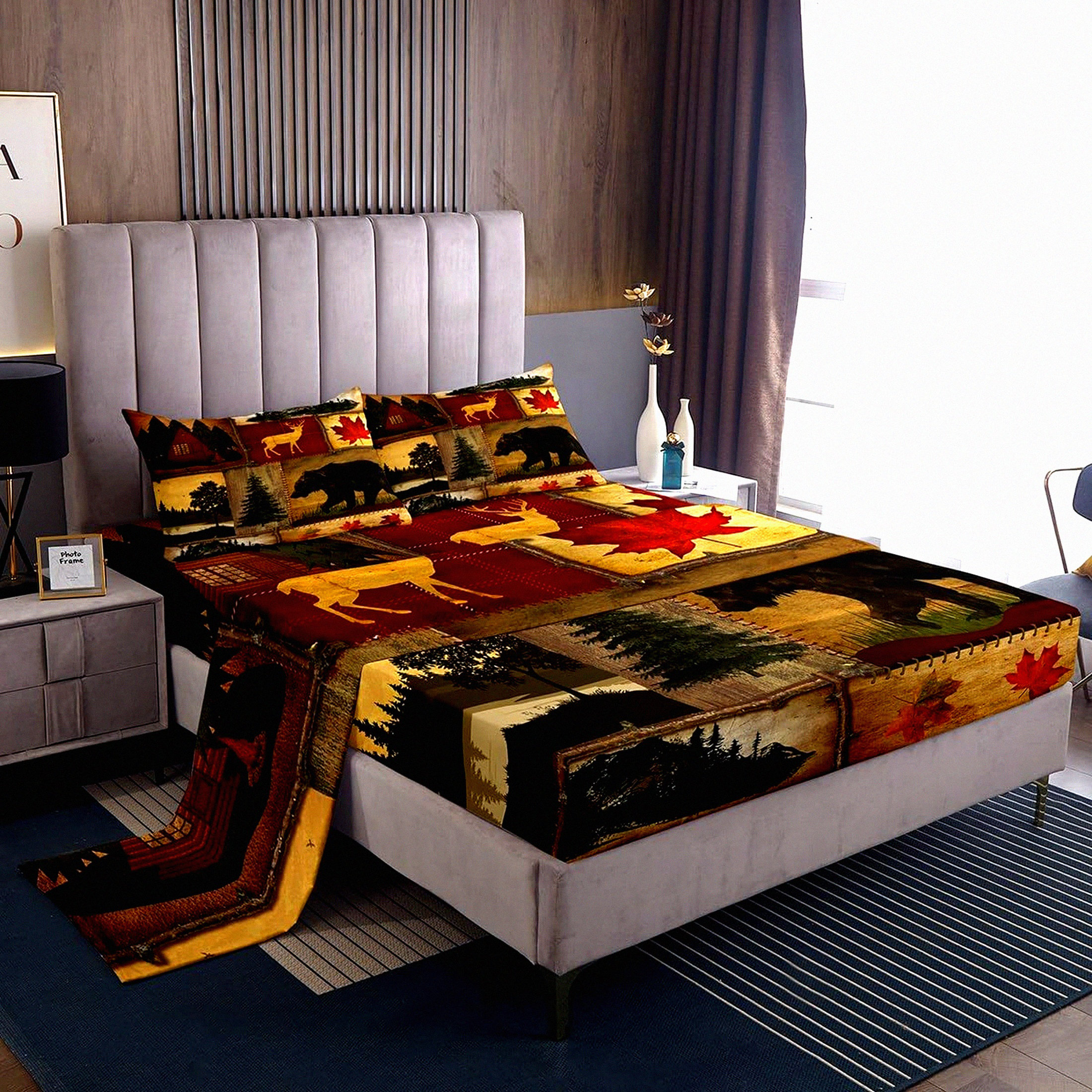 BRBCA Rustic Lodge Cabin Bedding Set - Full Size Bear Deer Maple Leaves ...