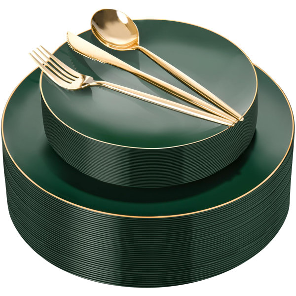 TAIZHOUGUANGRUI 150Pcs Green Plastic Plates With Gold Rim,Green ...