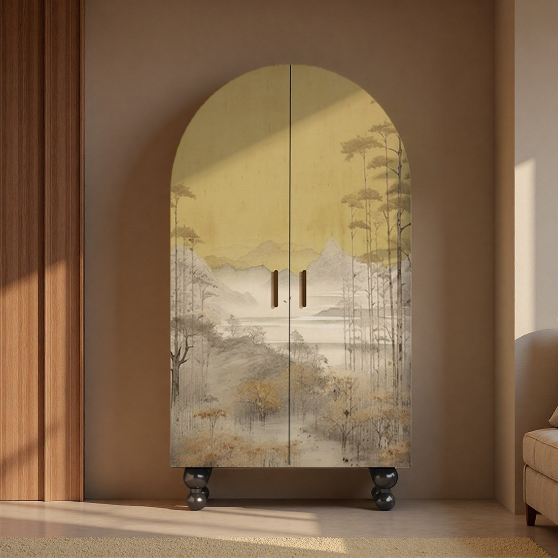 Canora Grey Arched Walnut Wood Landscape Wardrobe | Wayfair