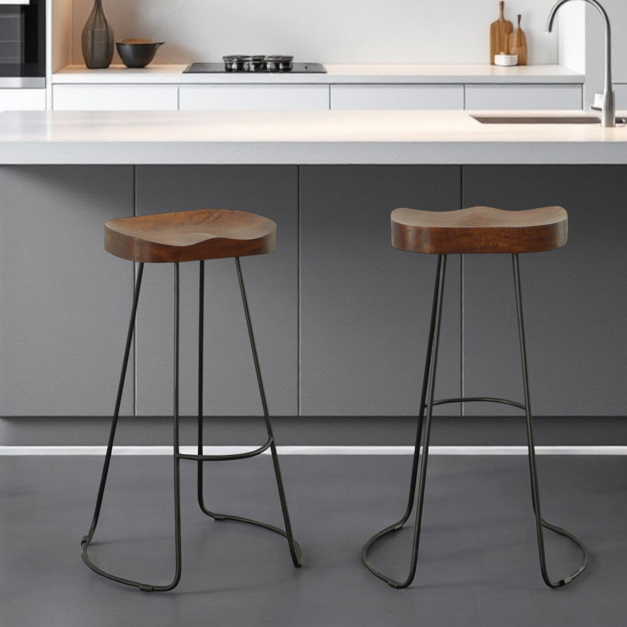 HomeRoots Set of Two 31" Chestnut And Black Steel Backless Bar Height ...