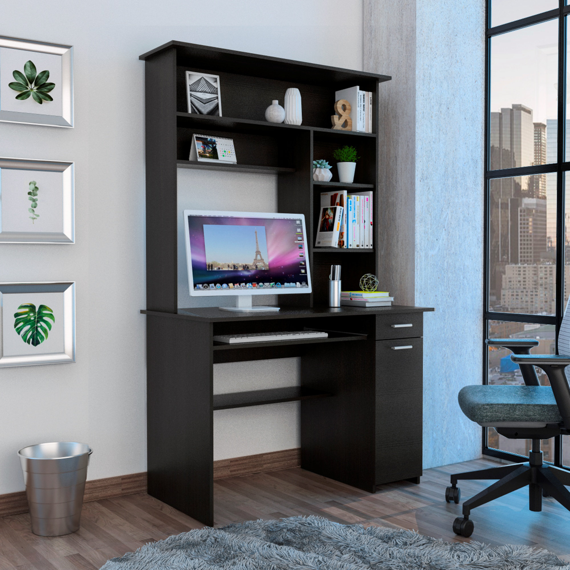 Ebern Designs Computer 180 Hutch Desk, Multiple Shelves, Retractable ...