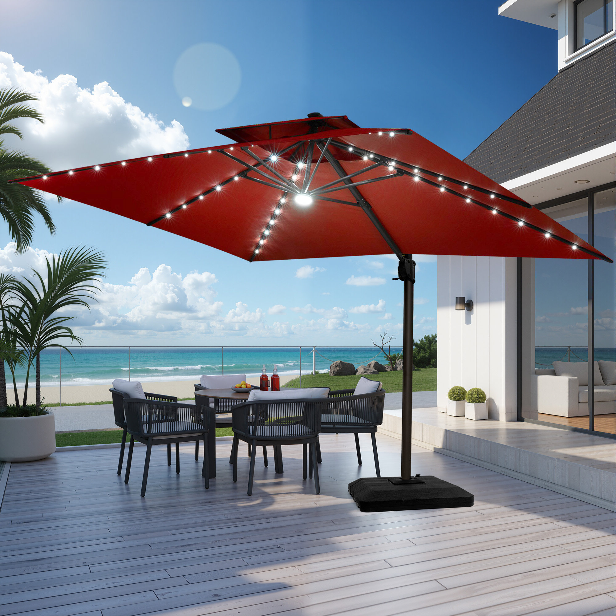 Arlmont & Co. Rectangular Outdoor Solar LED Cantilever Patio Umbrella ...