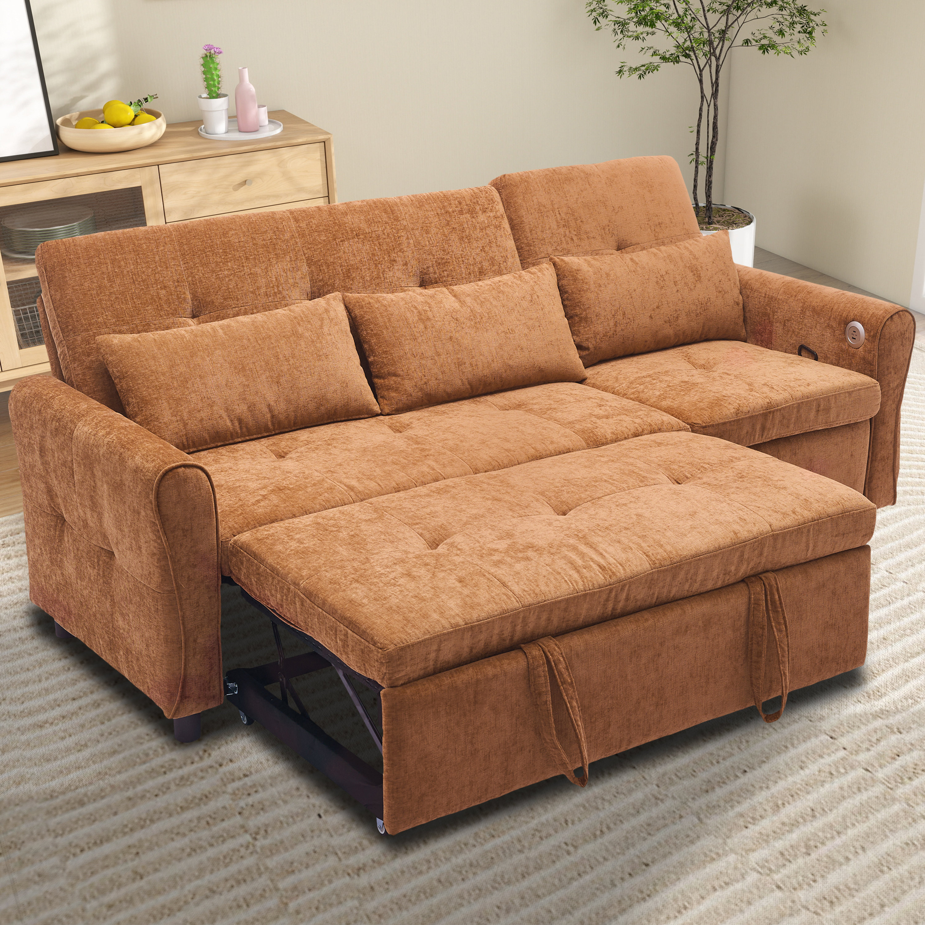 Winston Porter Wide Modern Chenille Upholstered Three-Seater Sofa Bed And A Reclining Sofa With ...