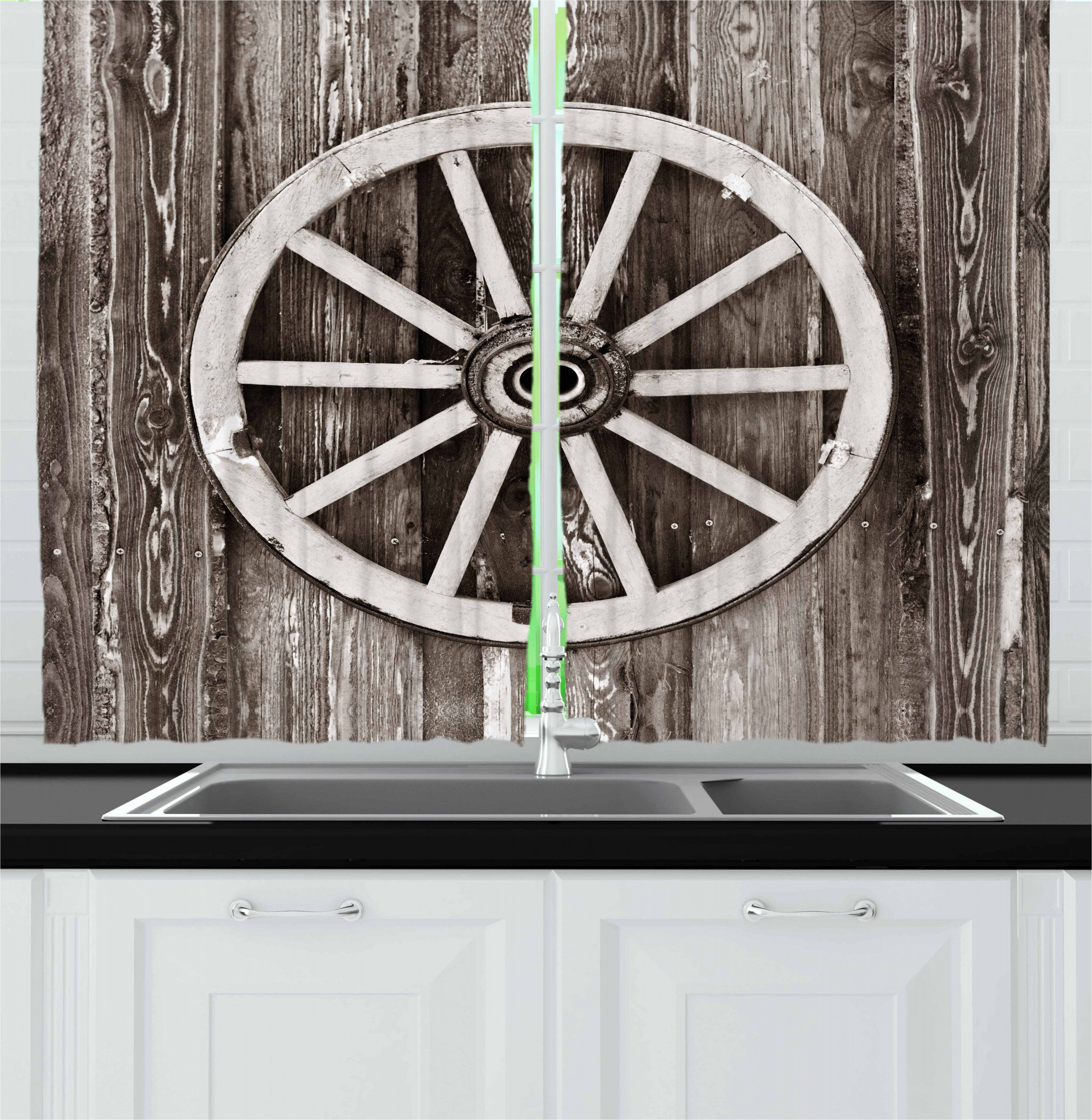 East Urban Home 2 Piece Barn Wood Wagon Wheel Kitchen Curtain | Wayfair