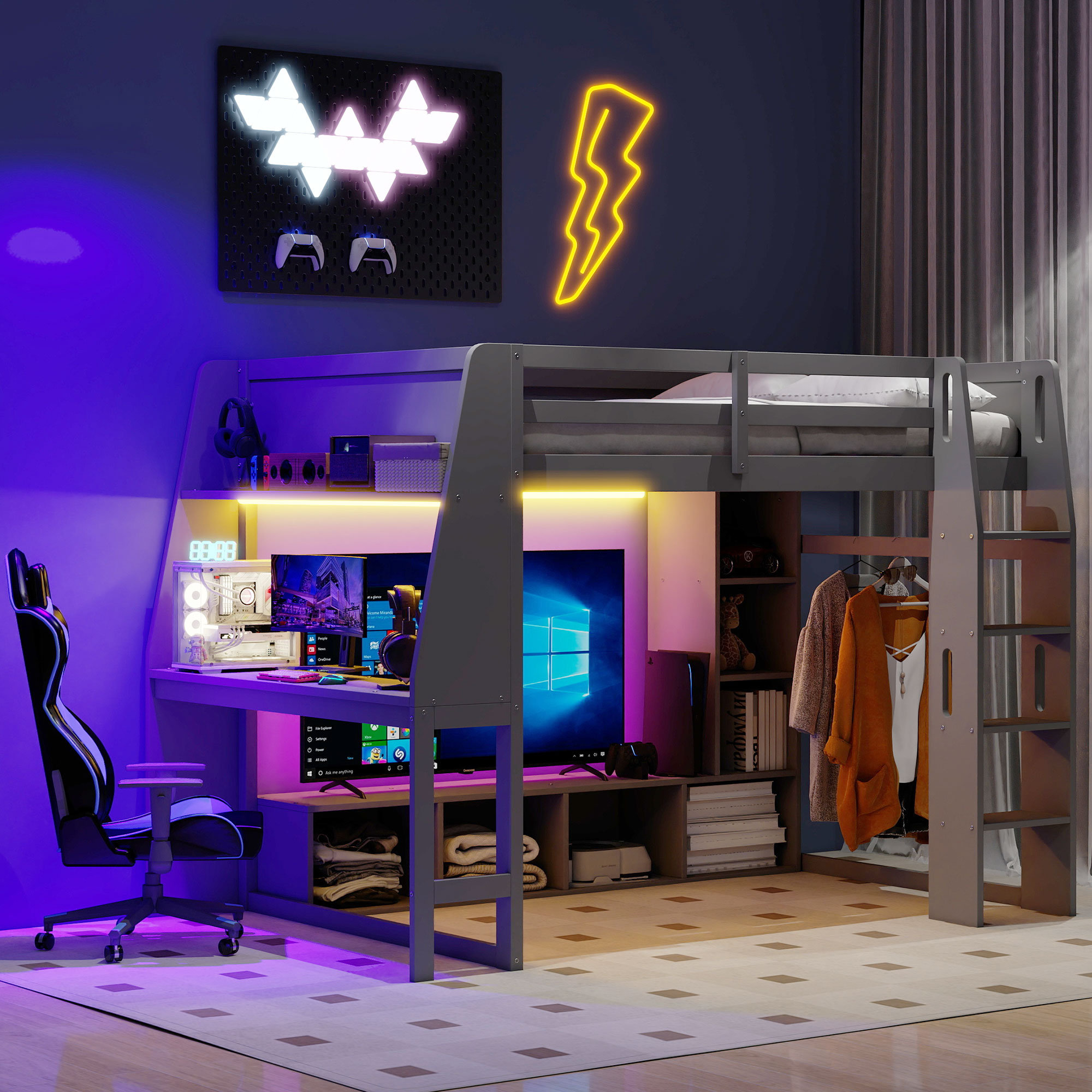 Latitude Run® Wooden Gaming Loft Bed with Desk, Multi-Storage Shelves ...