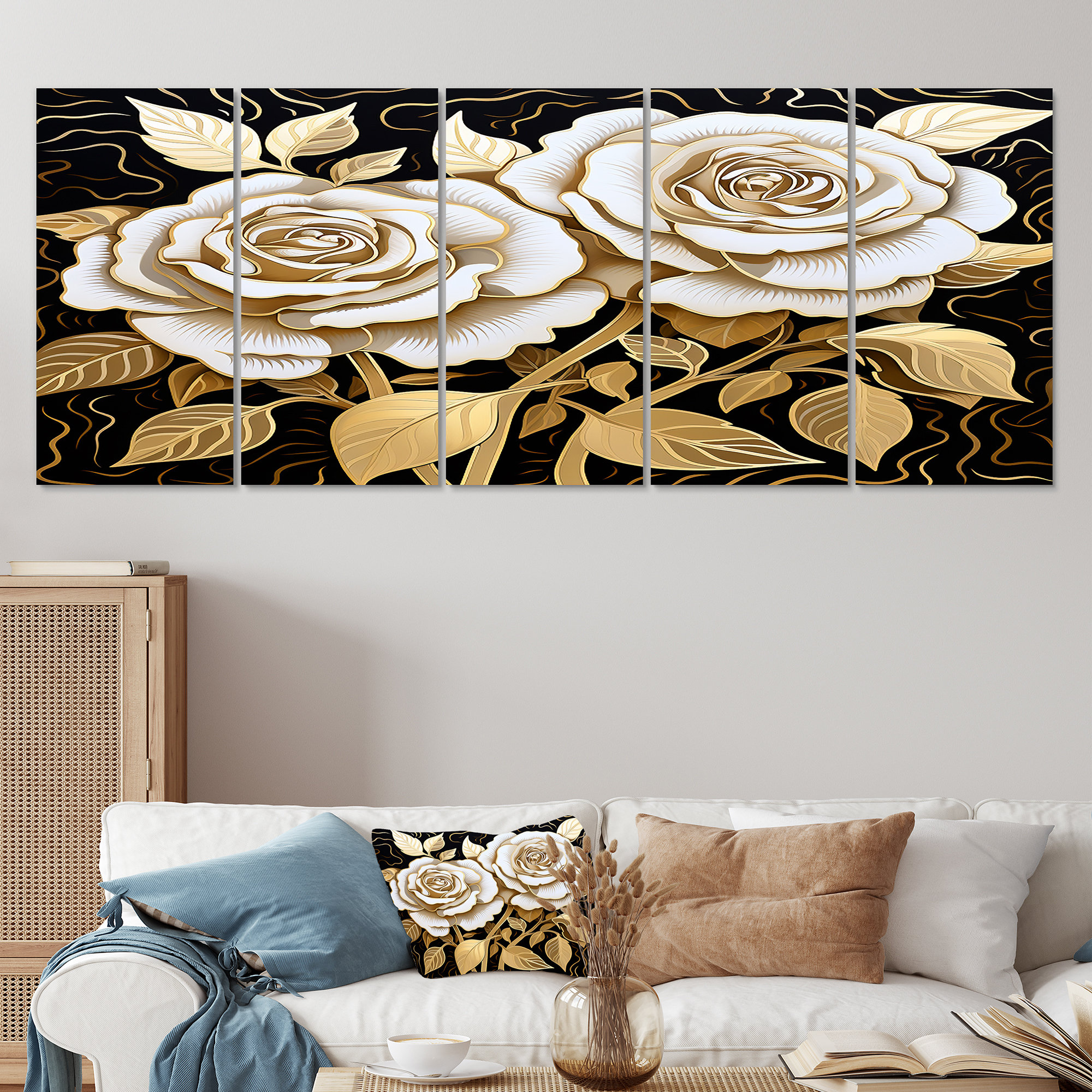Design Art White Rose Golden Glam Leaves - Roses Wall Art For Living ...
