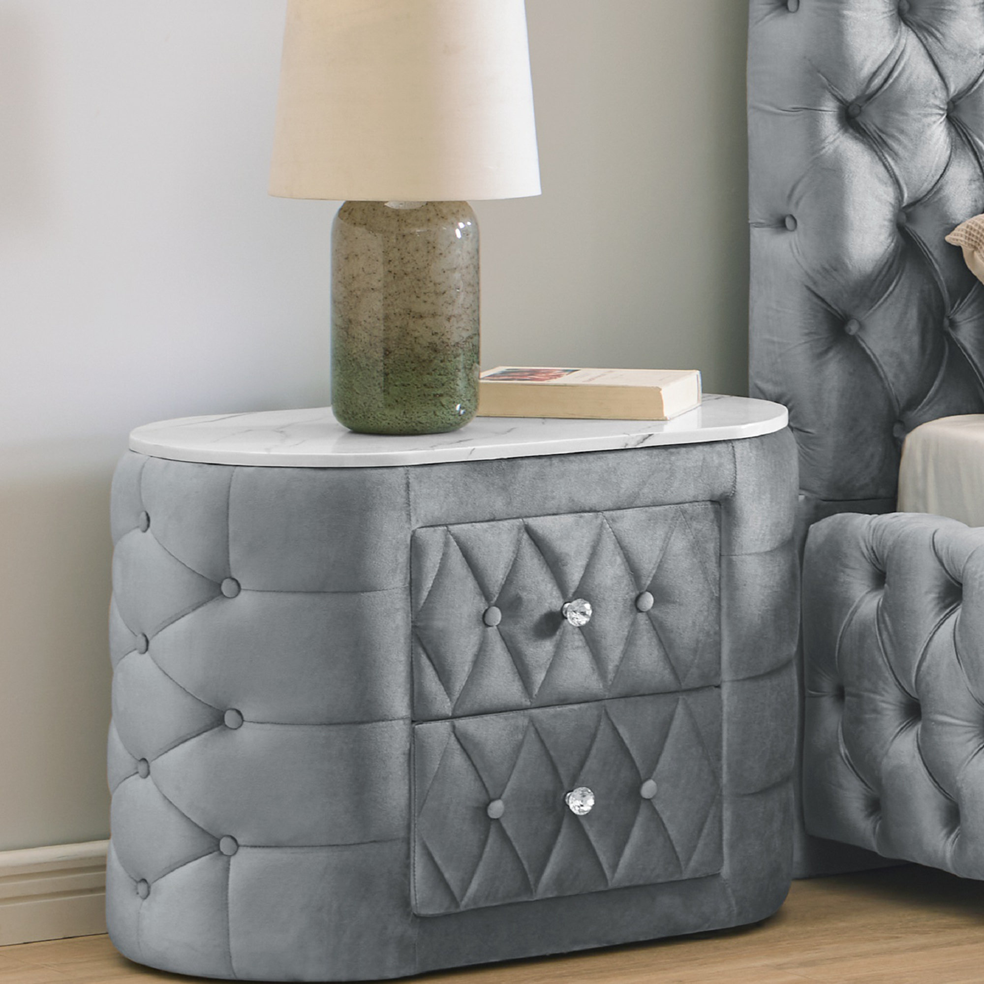 House of Hampton® 1pc Oval Faux Marble Top Nightstand 2- Drawers ...