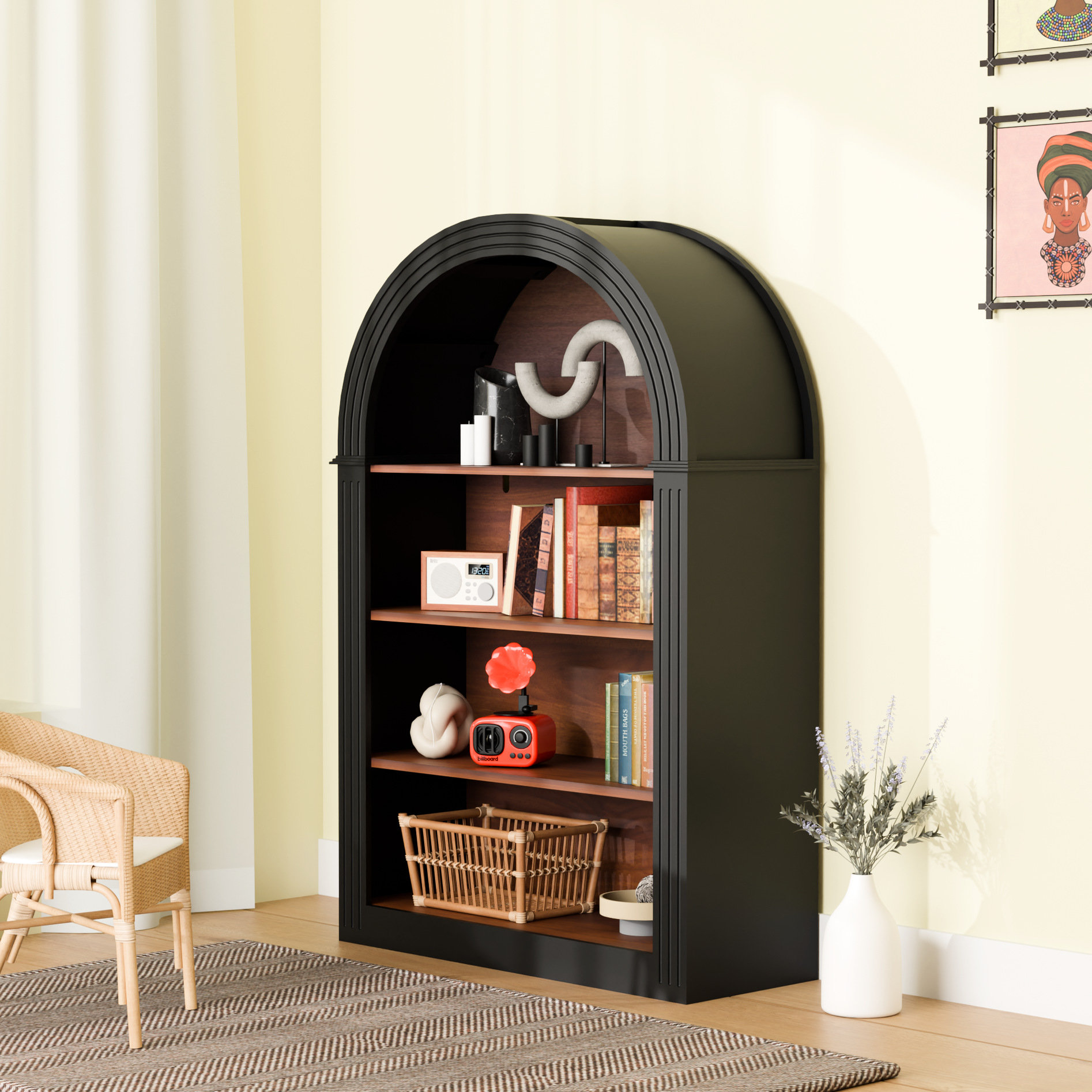 BoudoirBloom 45.66" Wood Arched 4 - Shelf Bookcase, Black Finish ...