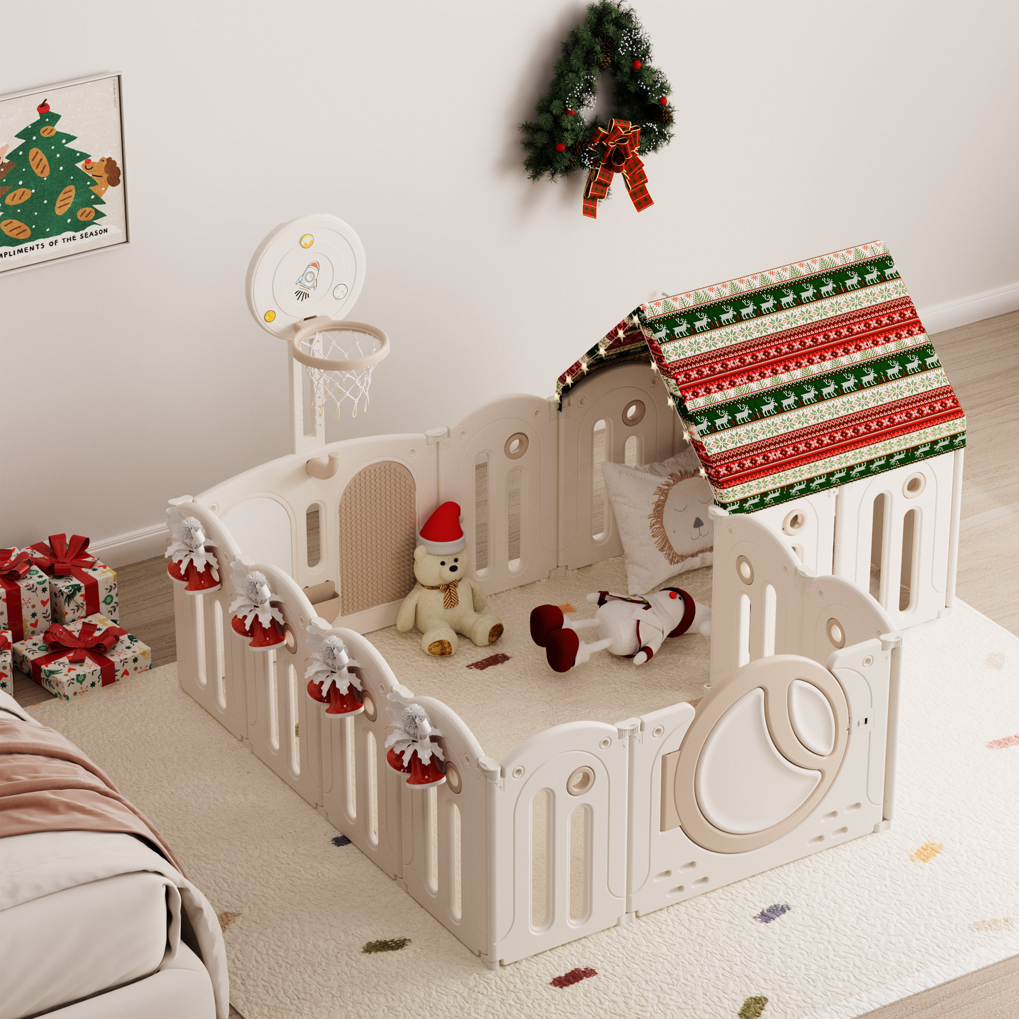 Benarita 79"L Large Baby Playpen With Basketball Hoop& Drawing Board ...