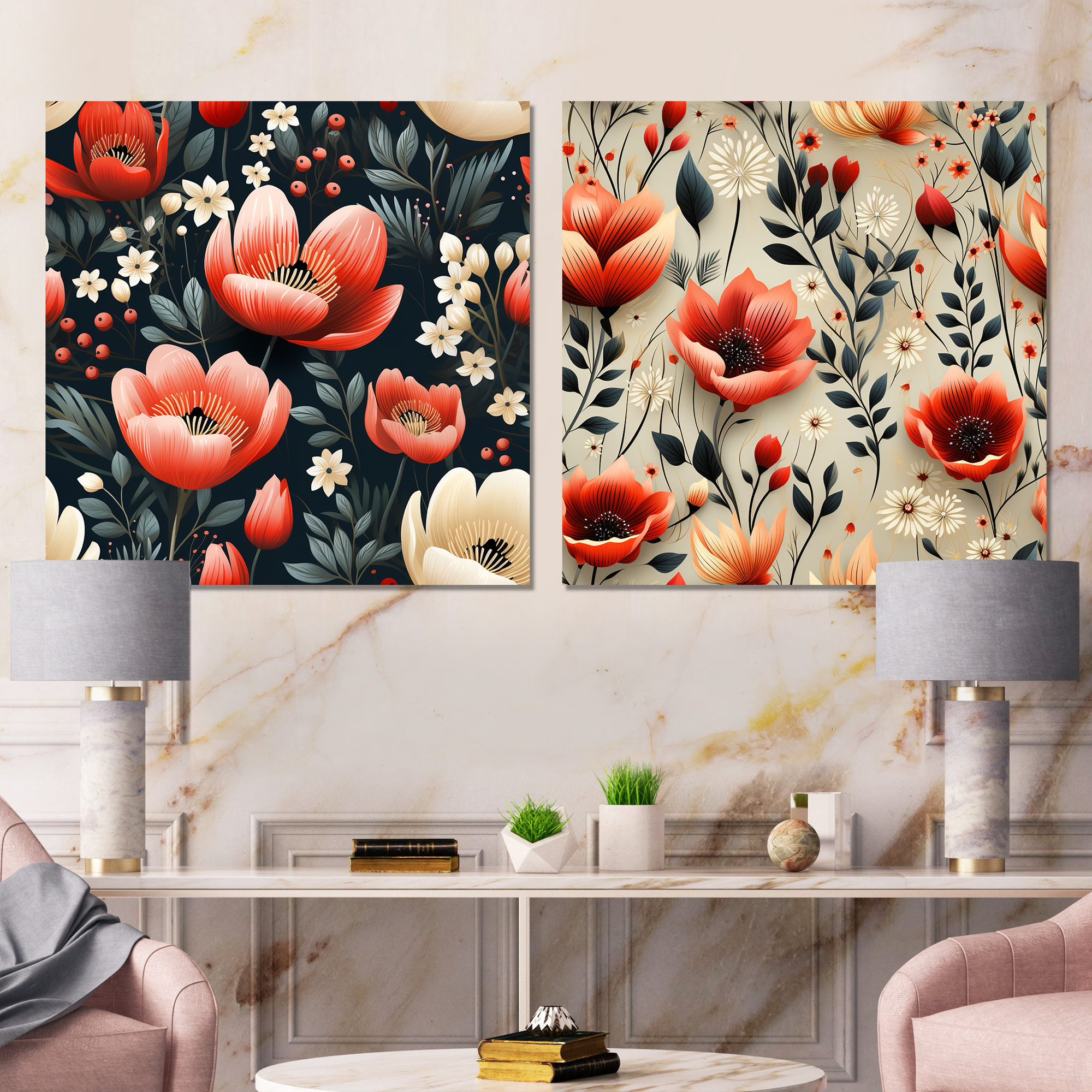 Design Art Mystic Red Garden Blooms Beauty - Floral Wall Decor Set Of 2 ...