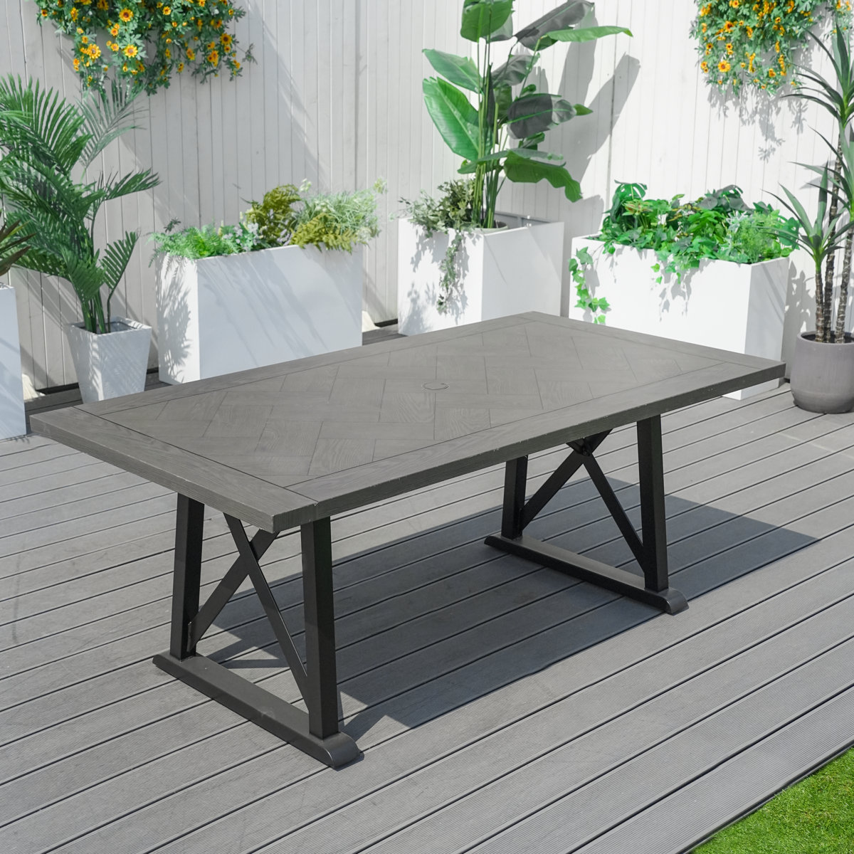 Gracie Oaks Ellean Rectangular Powder Coated Steel Outdoor Dining Table ...