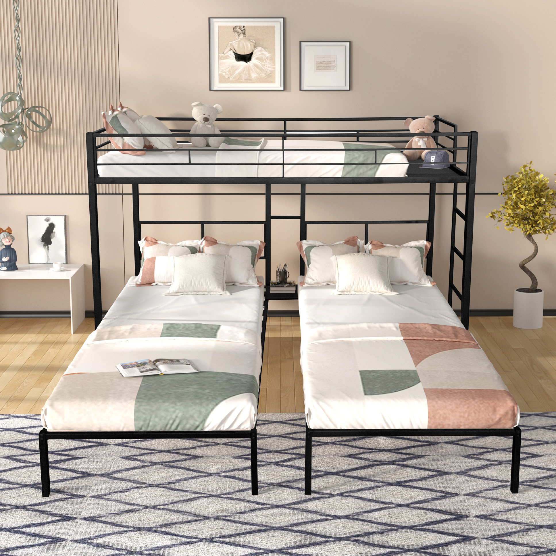 17 Stories Triple Twin Bunk Bed In Sleek Black Steel With Noise Slats ...