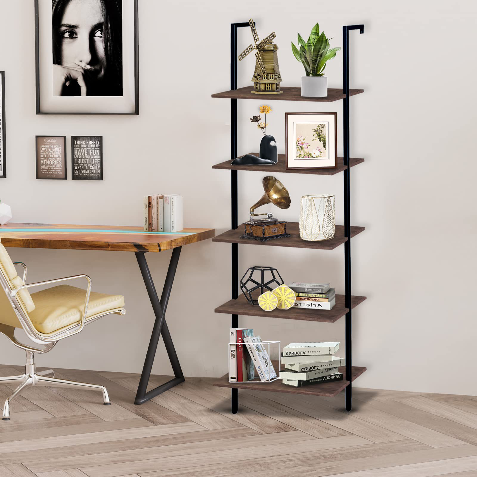 17 Stories 5 Tiers Ladder Shelf Brown Modern Bookshelf Open Tall Wall ...