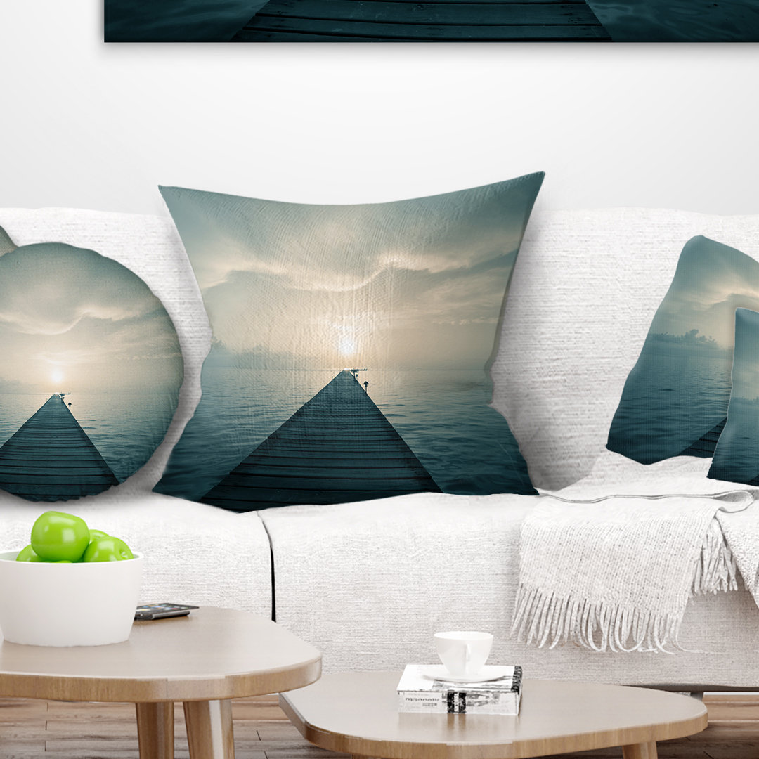 Design Art Dark Boardwalk into Blue Sea - Pier & Bridge Printed Pillow ...