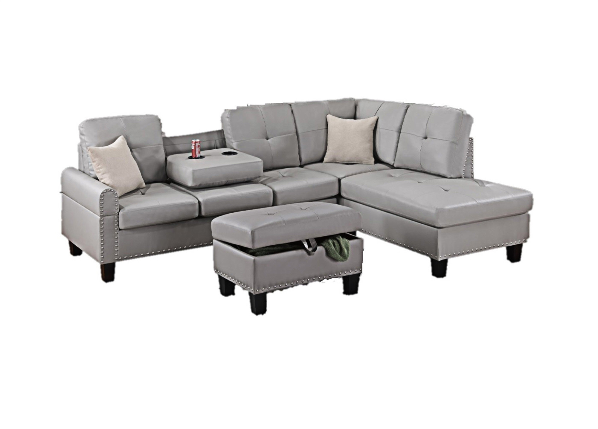 Latitude Run® Grey Faux Leather Living Room Furniture 3-PCS Sectional ...