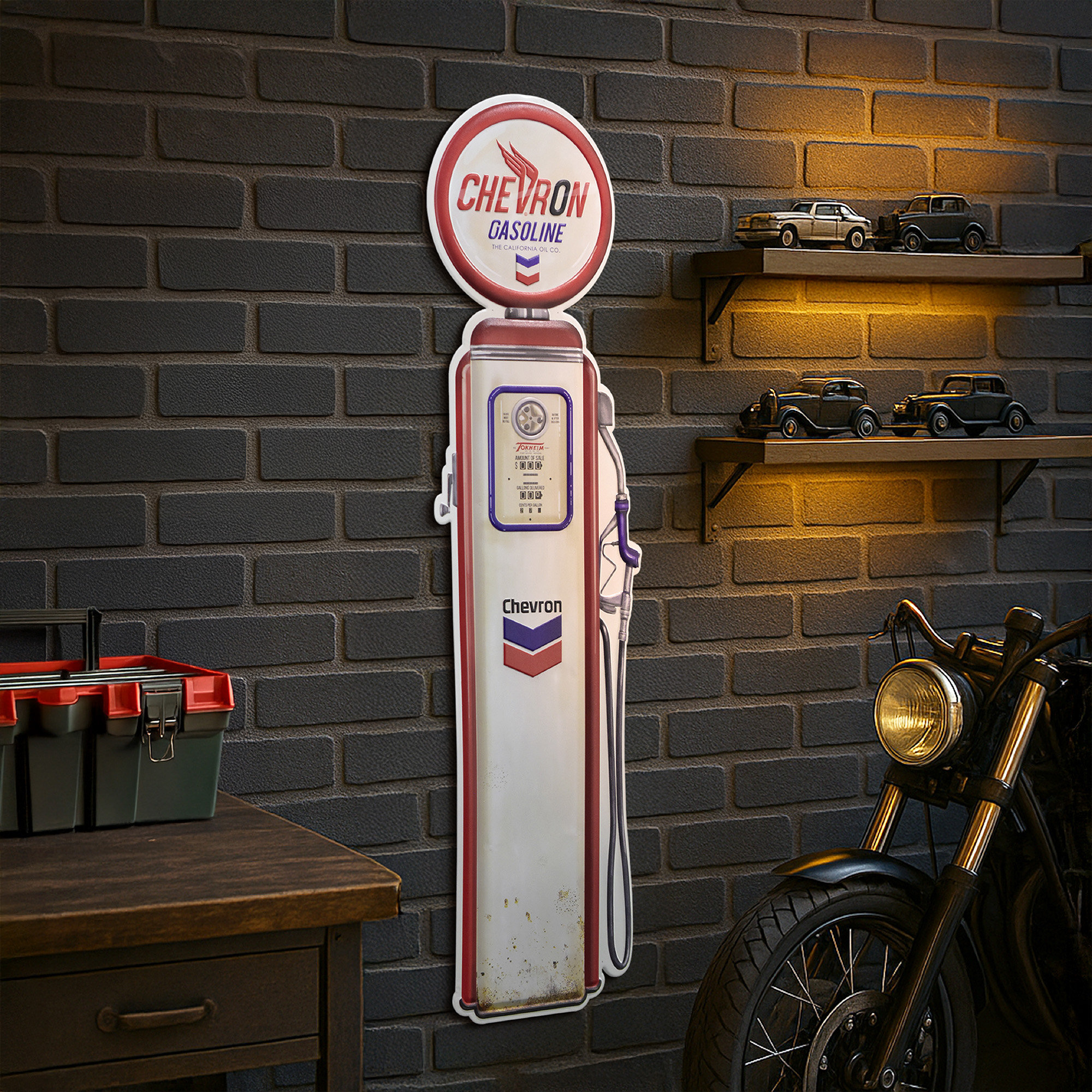 Trinx Chevron Oil Vintage Gas Pump Metal Sign - Retro Garage Decor ...
