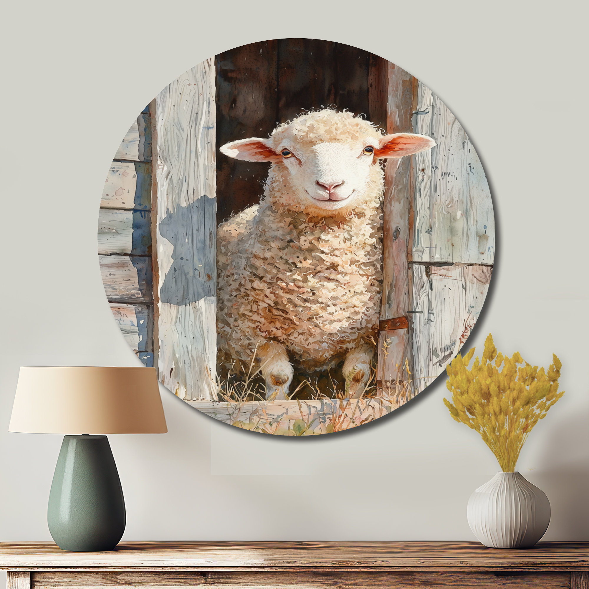 August Grove® Sheep Portrait At The Barn - Sheep Round Metal Wall Decor ...