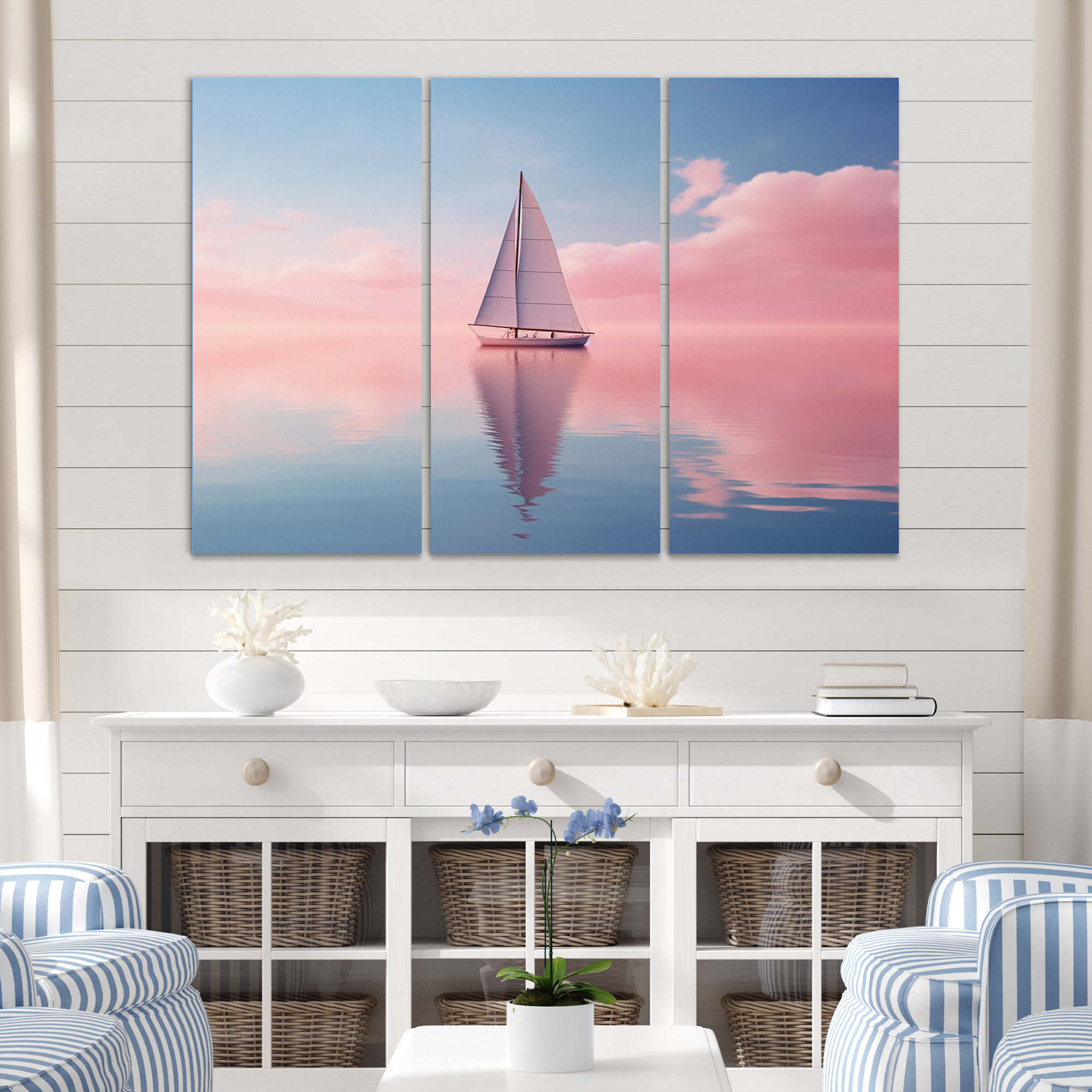 Design Art Solitary Sailboat Tranquility Pastel Sunset II - Boat Wall ...