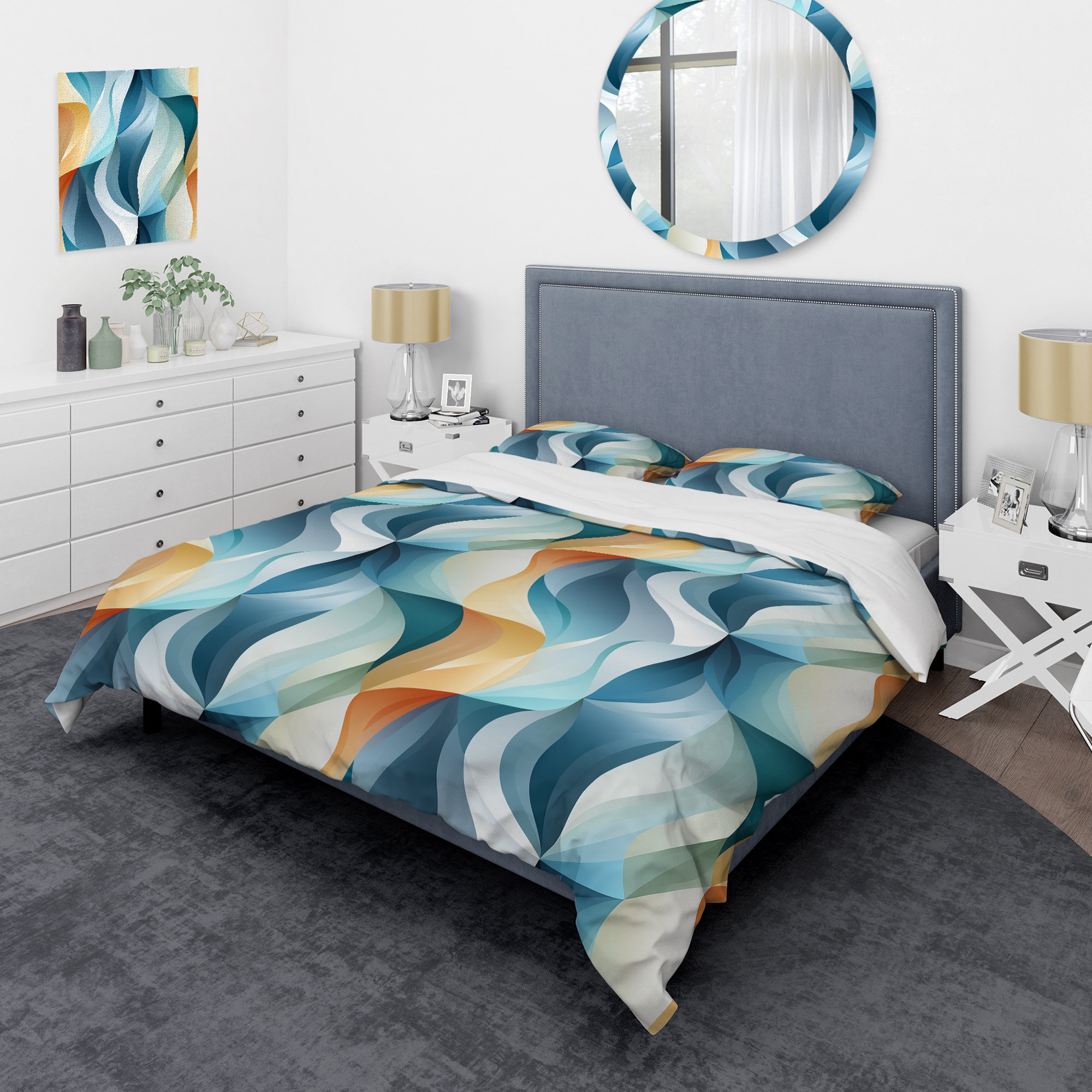 Design Art Blue Geometric Wave Tranquility - Geometric Duvet Cover Set ...