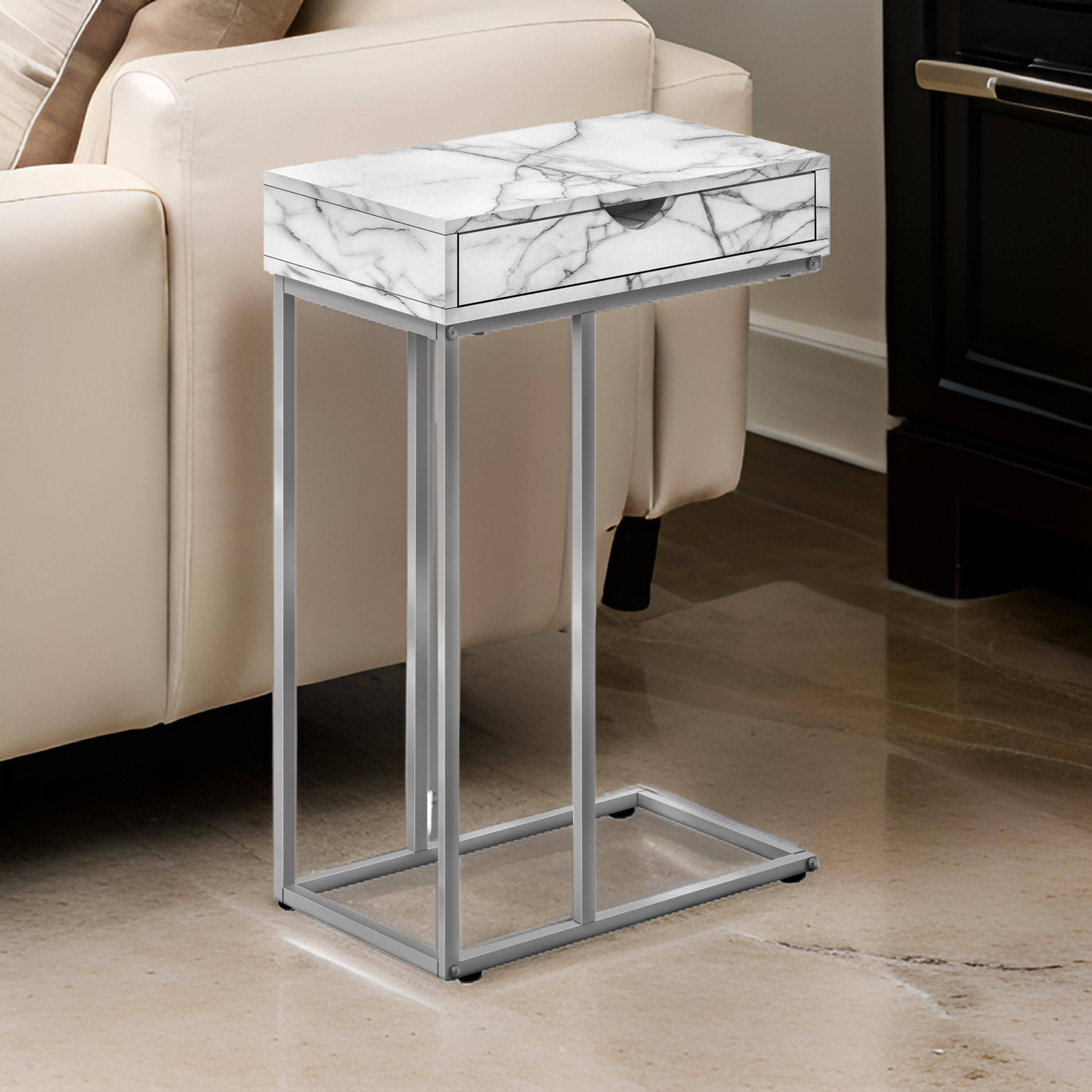 Benjara Dexy Side End Table, C-Shape, Drawer, Narrow 10X16 White Faux ...