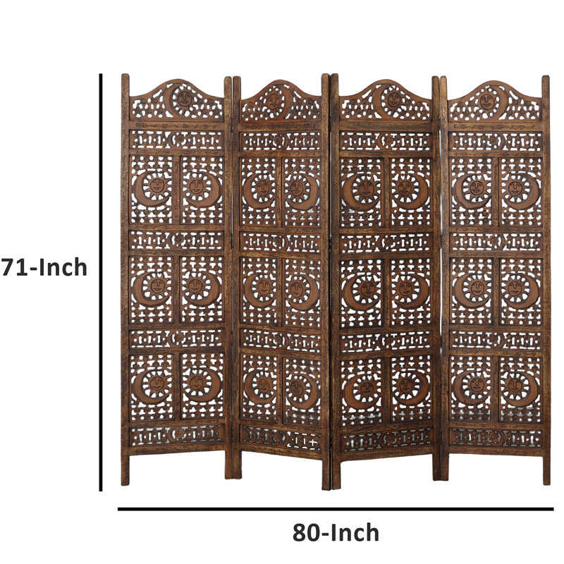 Bloomsbury Market Jarett Carved Sun and Moon 4 Panel 2.3ft Room Divider ...