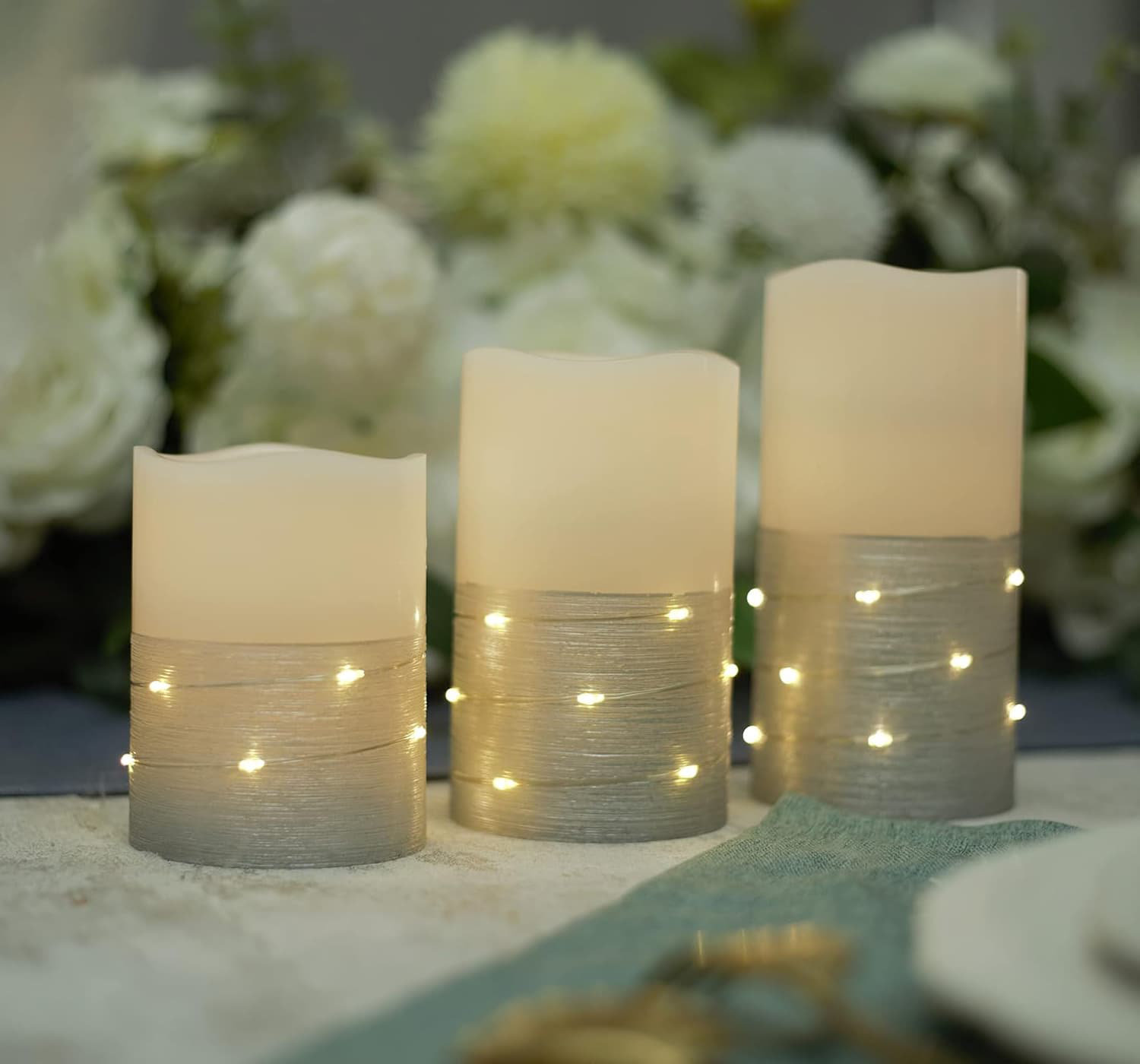 Hokku Designs Set of 3 Silver Flickering Flameless LED Pillar Candles ...