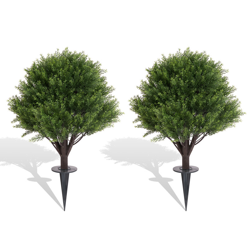 Primrue 27.5 Inch Artificial Cedar Topiary Ball Trees With Ground Spike ...