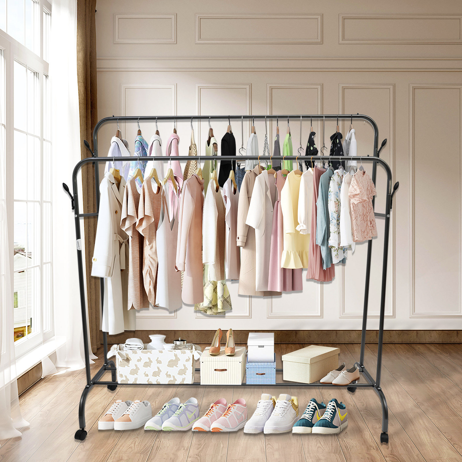 Rebrilliant Arched Double-Bar Rolling Floor Clothes Rack,with Side ...