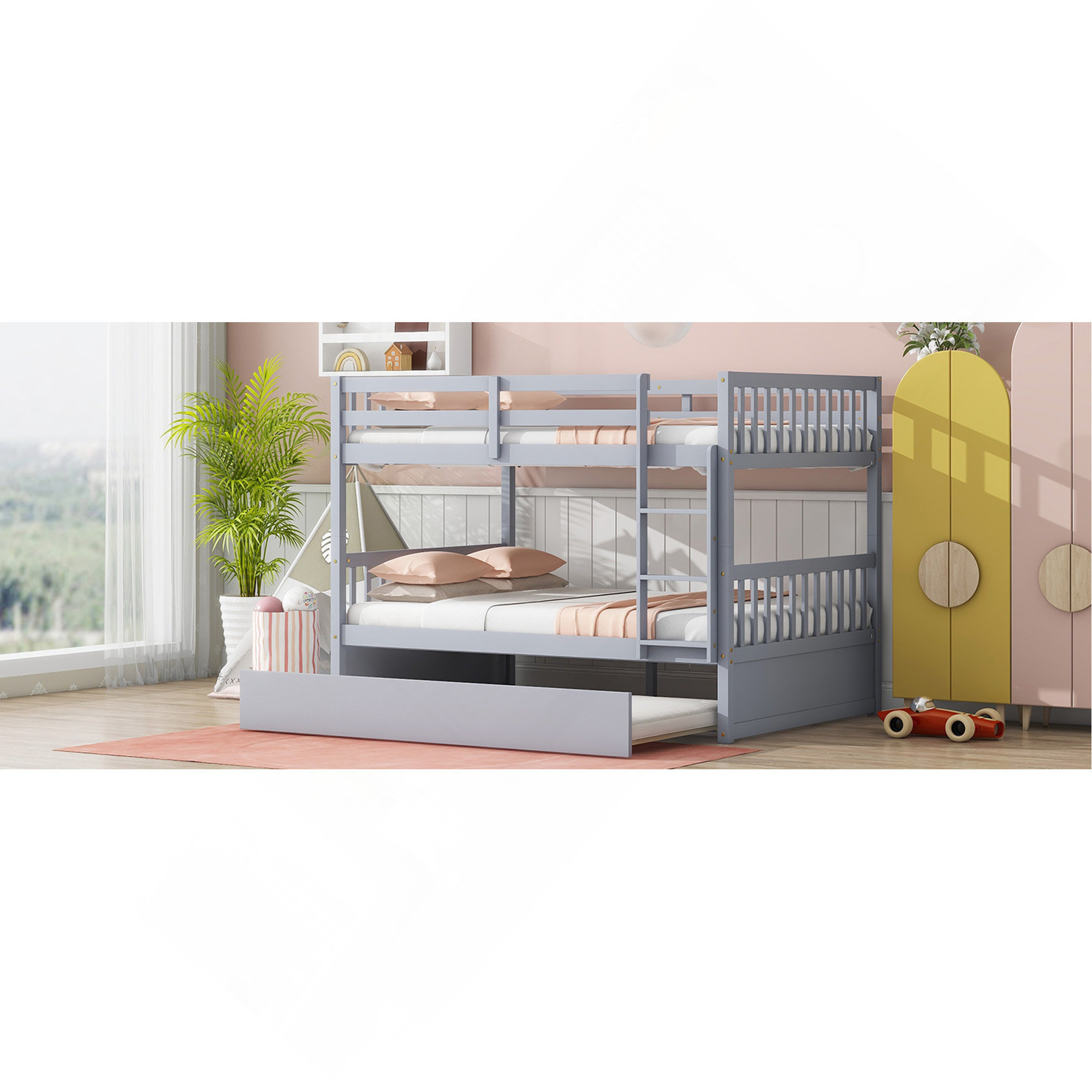 Latitude Run® Rubber Wood Bunk Bed With Trundle, Ladder And Guardrails ...
