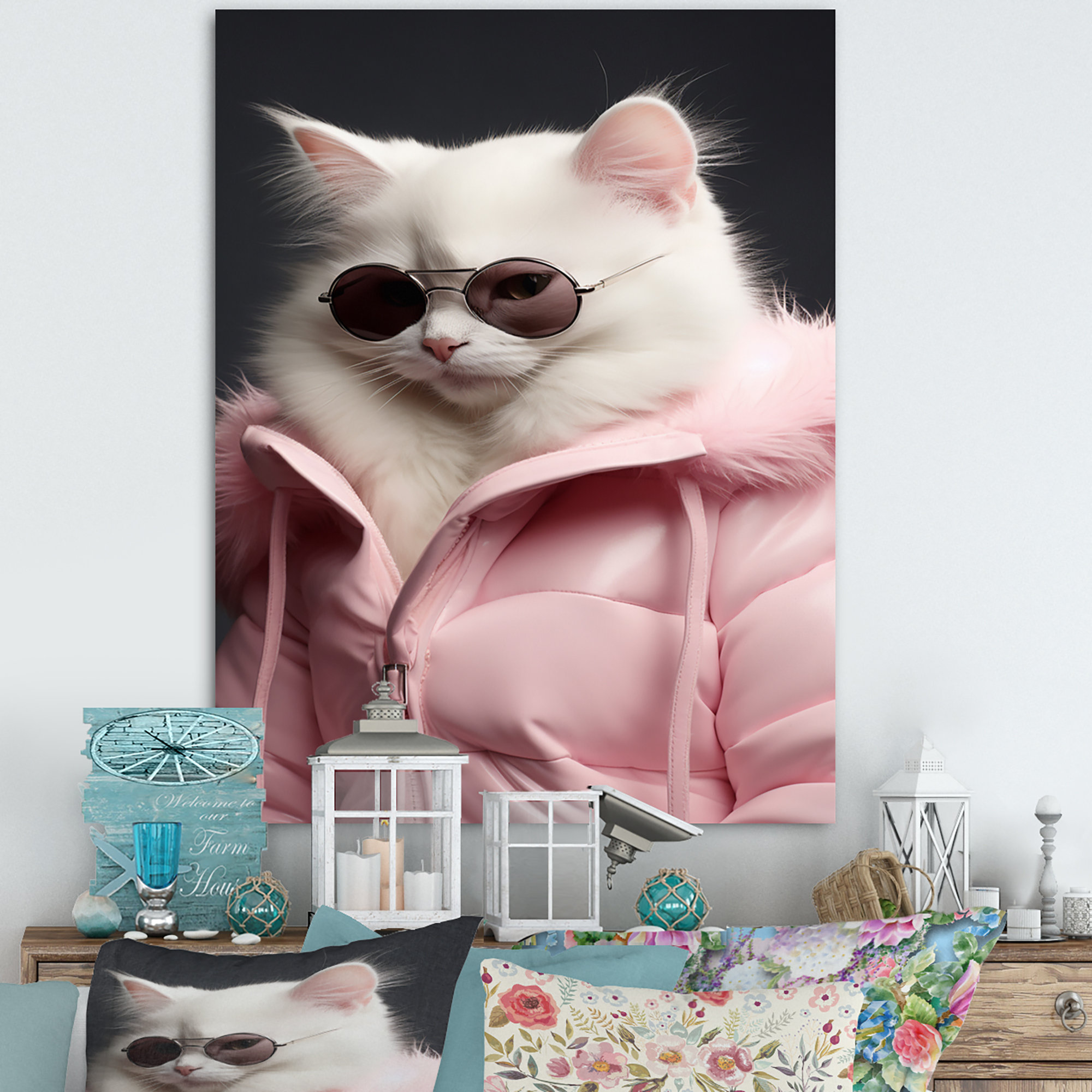 Trinx White Cat In Pink Fur Felline Attitude I - Animals Cat Wall Decor ...