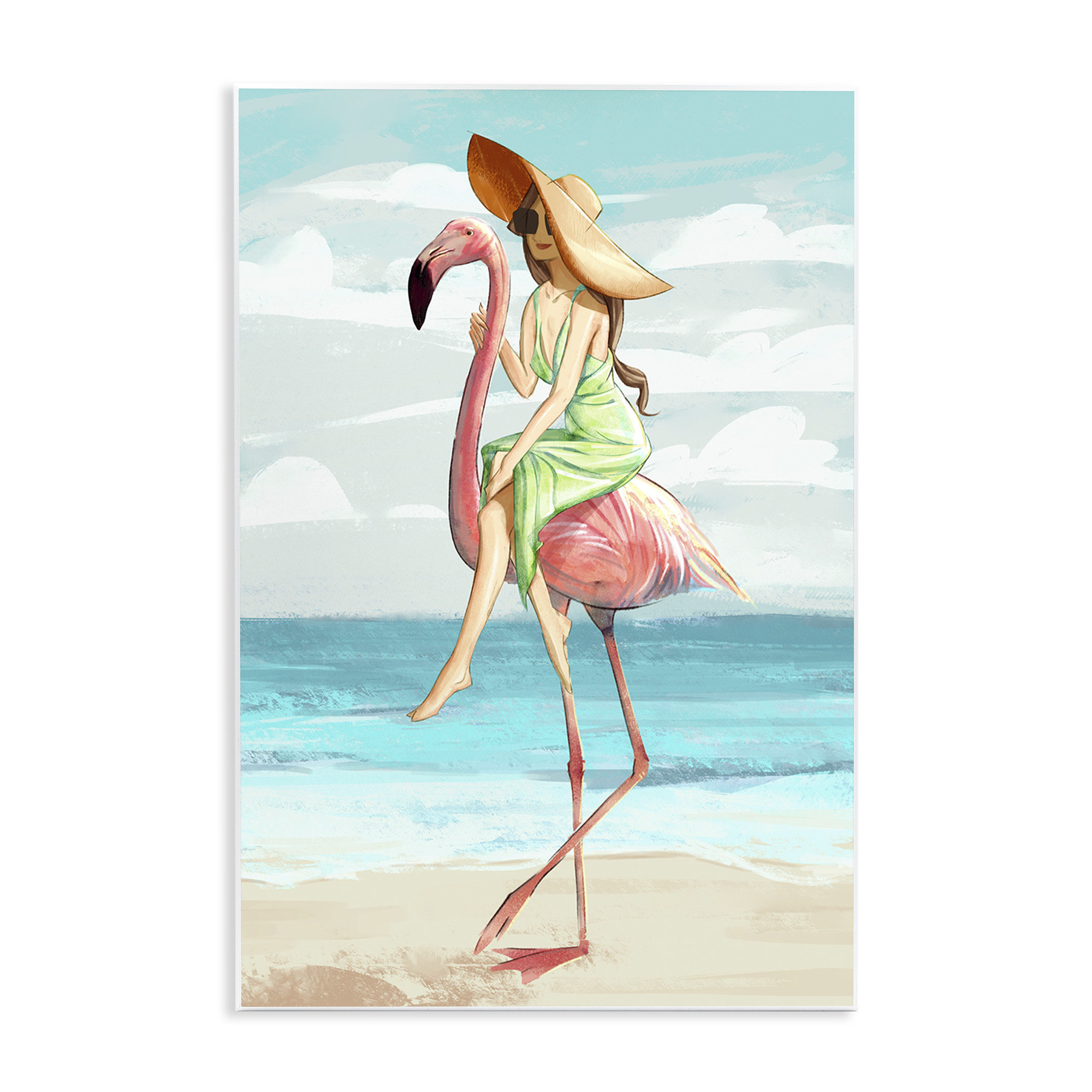 Stupell Industries Beach Woman Riding Pink Flamingo Tall Tropical Bird ...