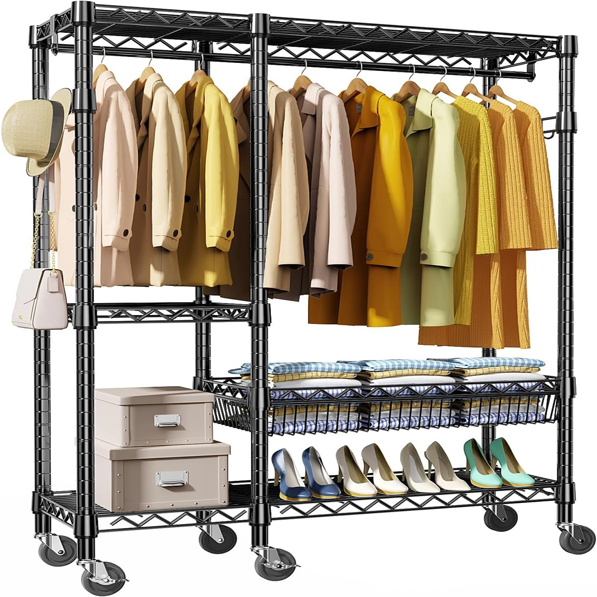 EXEBIL Heavy Duty Rolling Hanger with Wheels, Storage Closet Hanger, 4 ...