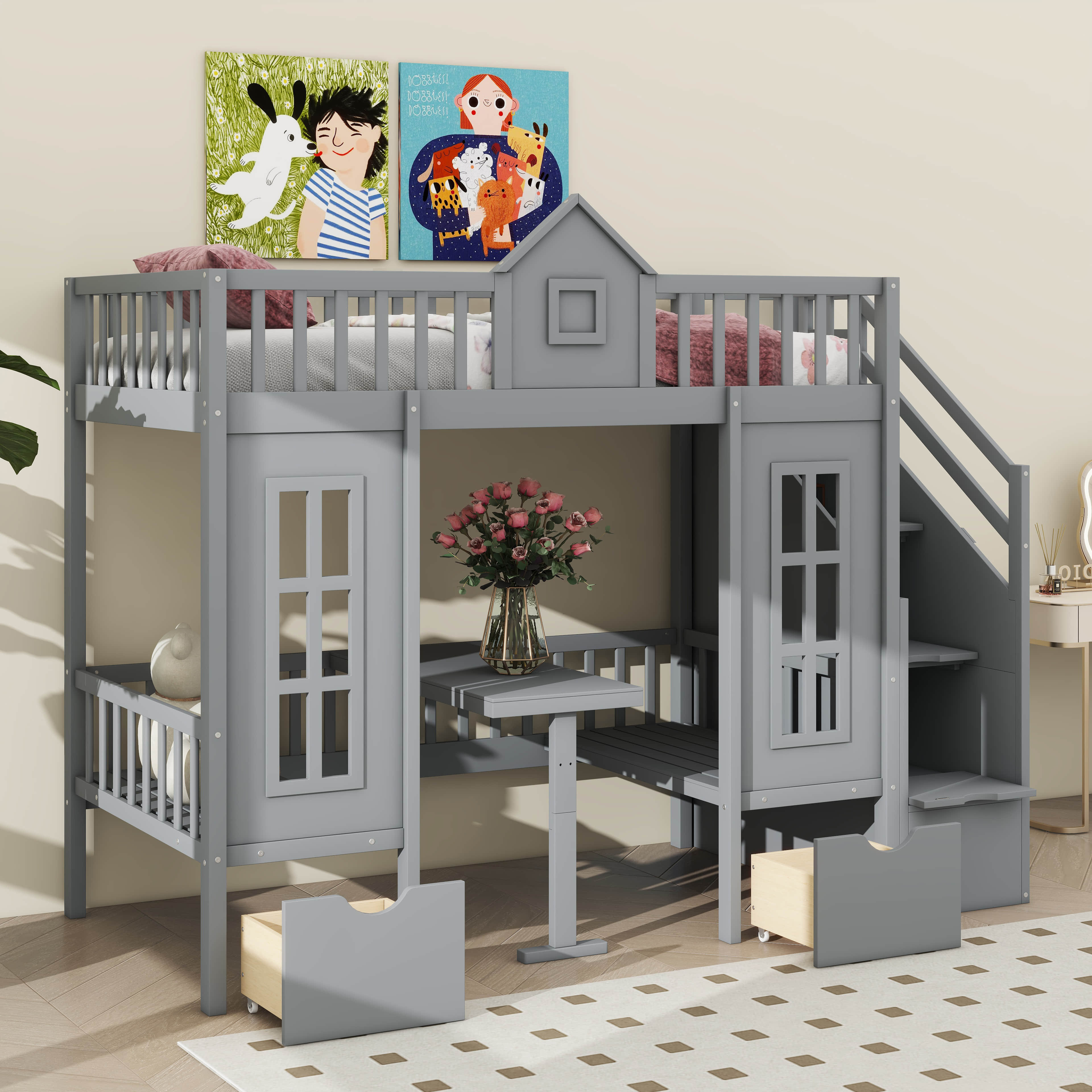 Harriet Bee Convertible Twin-Over-Twin Bunk Bed With Adjustable Table ...