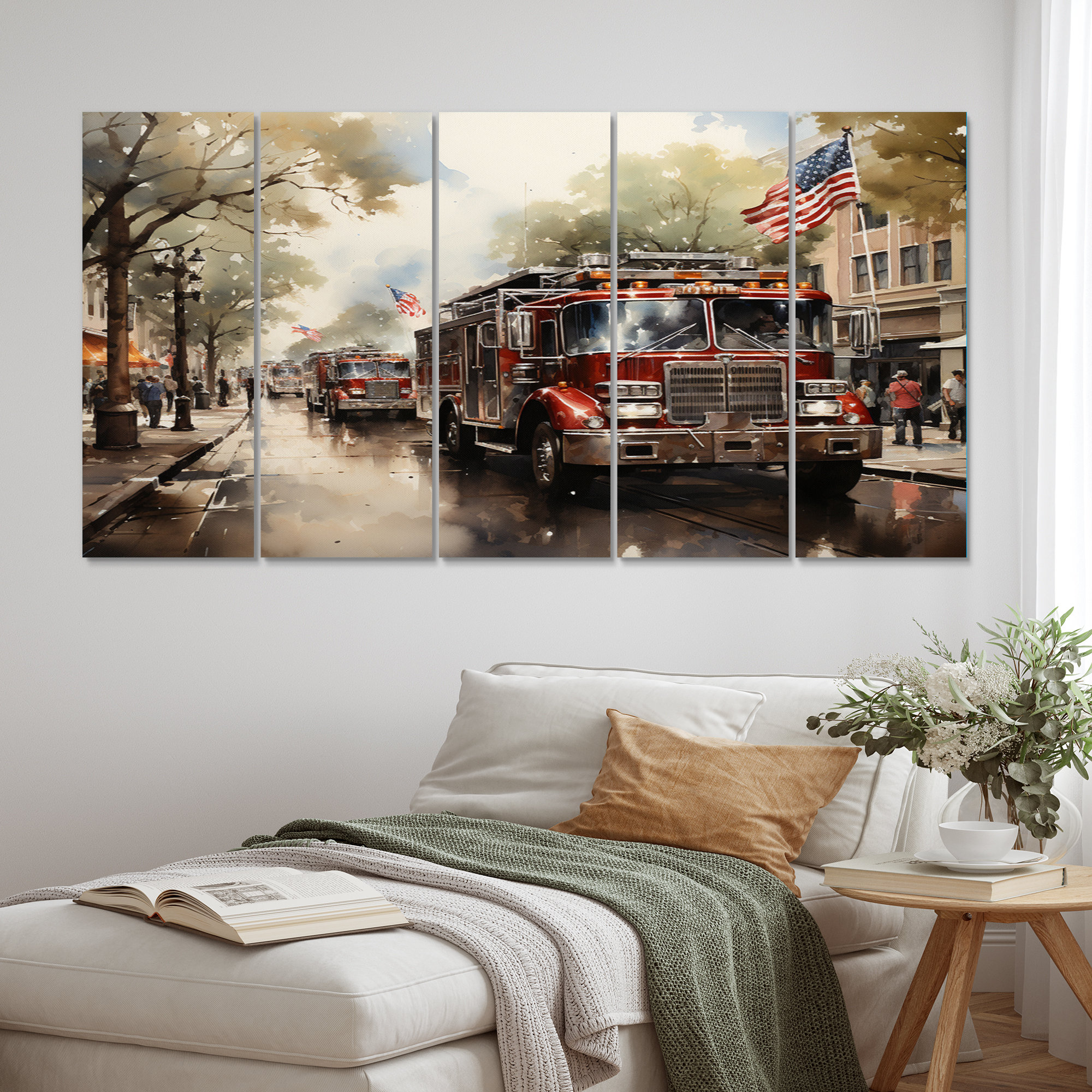 Latitude Run® Fire Truck II - Fireman Canvas Wall Art - 5 Equal Panels ...