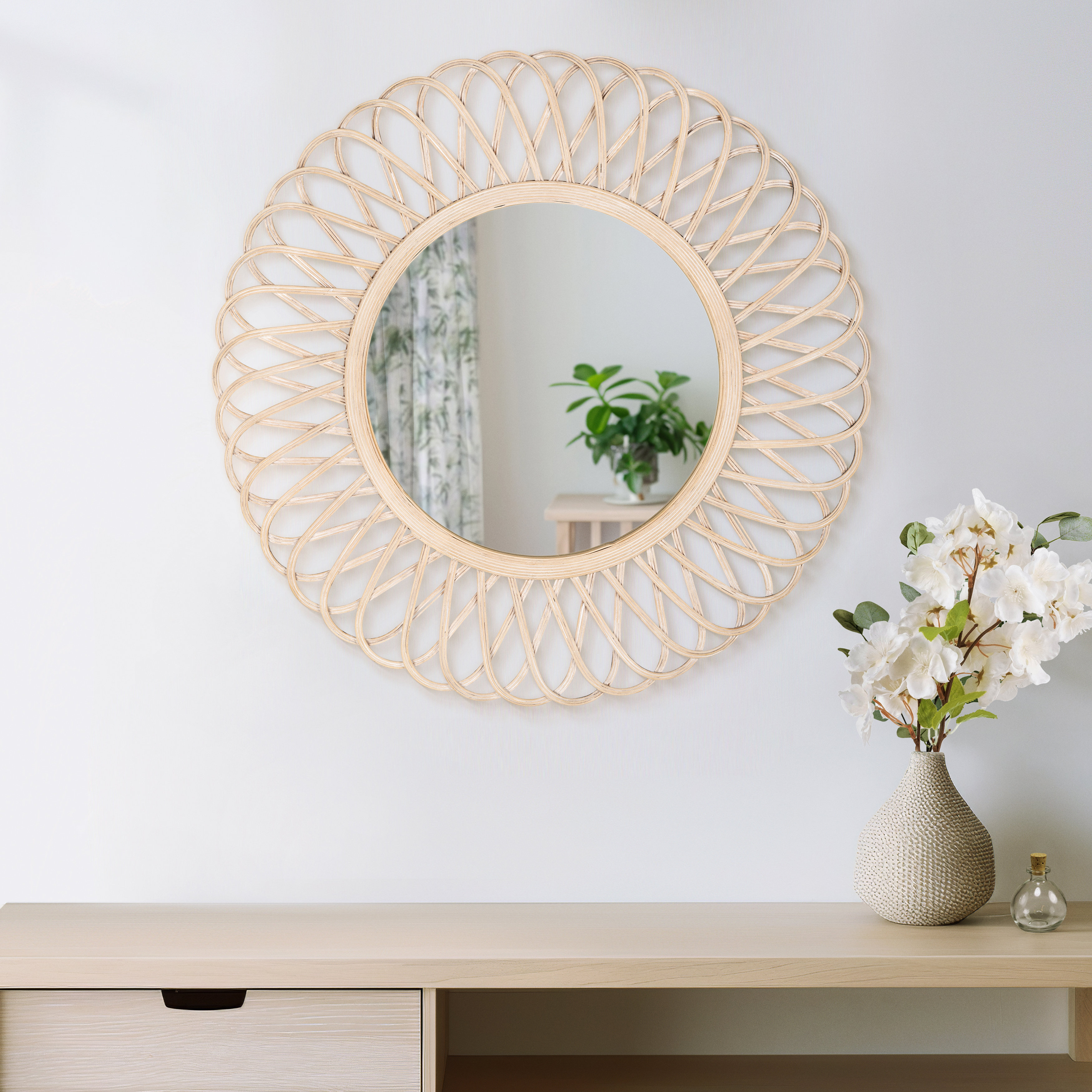 Everly Quinn Daisy Mirror, Natural Color Wicker Decorative Accent ...